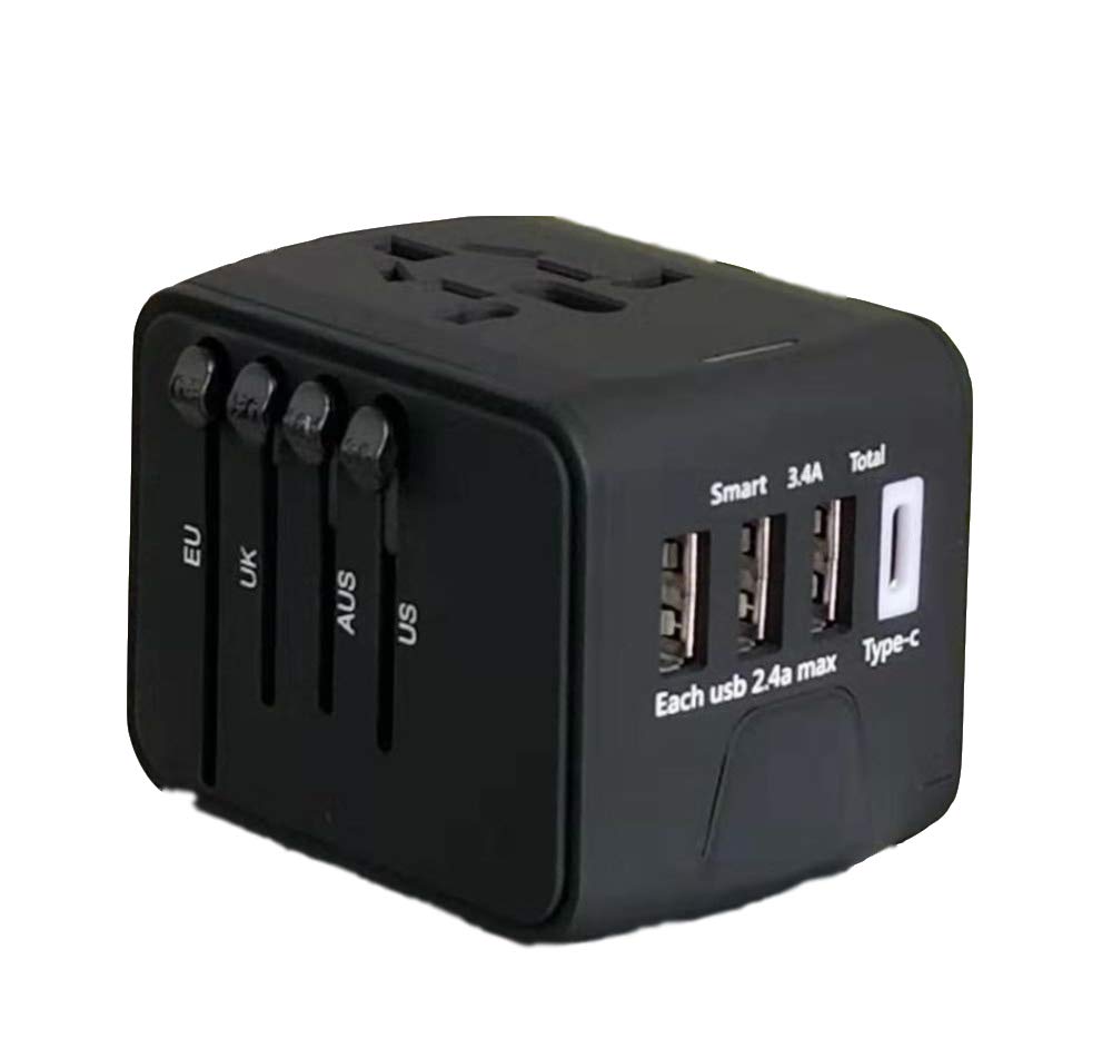 Universal Travel Adapter,All in One Universal Power Adapter for 150 Countries 3usb+Type C (Black)