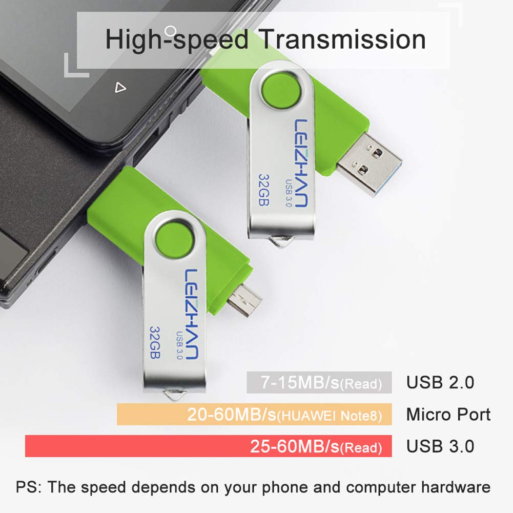 leizhan Thumb Drive 64 gb High Speed USB Flash Drive 3.0 for Samsung Galaxy S7/S6/S5/S4/S3/Note5/4/3/2/A7, Micro-USB 3.0 Memory Stick, Green