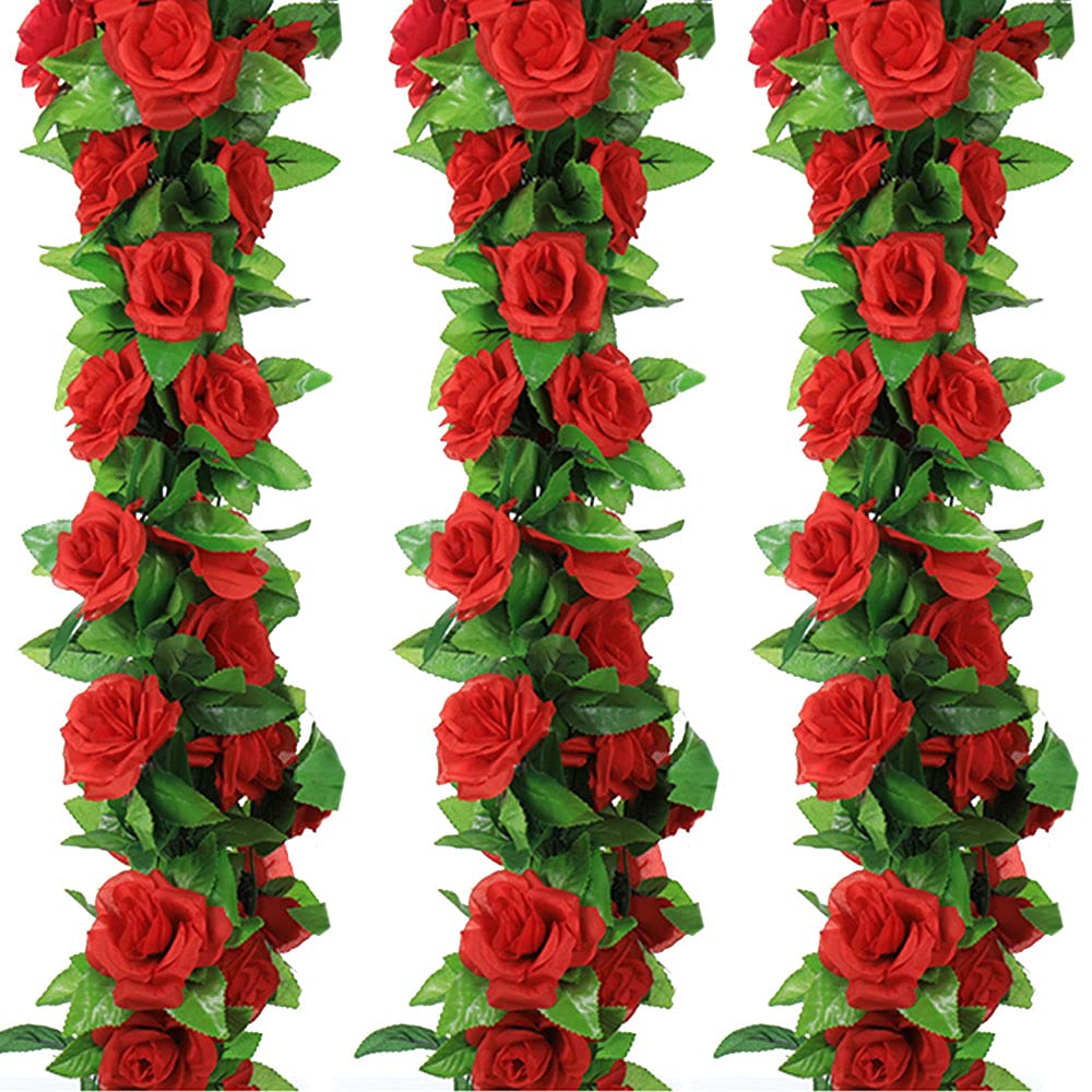 Vopie 4 Pack Fake Rose Vine Flowers Plants 32.2 FT Artificial Flower Hanging Rose Ivy Home Hotel Office Wedding Party Garden Craft Art Decor (Red)