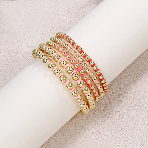 CONRAN KREMIX Gold Beaded Bracelets 14K Gold Plated Bead And Pink Heishi Clay Bead Stackable Stretch Bracelet Set Gold Jewelry For Women