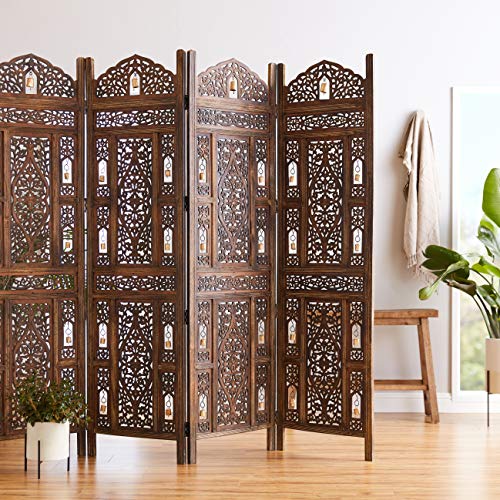 Cotton Craft Ghanti Bells - Antique Brown 4 Panel Handcrafted Wood Room Divider Screen 72x80 - With Tiny Bells - Intricately Carved On Both Sides