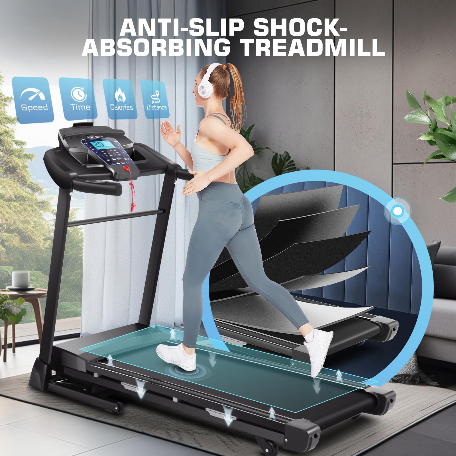 ANCHEER 3.25HP Treadmill,APP Treadmill 300lb Capacity,Folding Treadmills with 15% Auto Incline,Electric Smart Control Running Machines with Bluetooth Speaker,LCD Dispaly,Foldable Treadmill for Home
