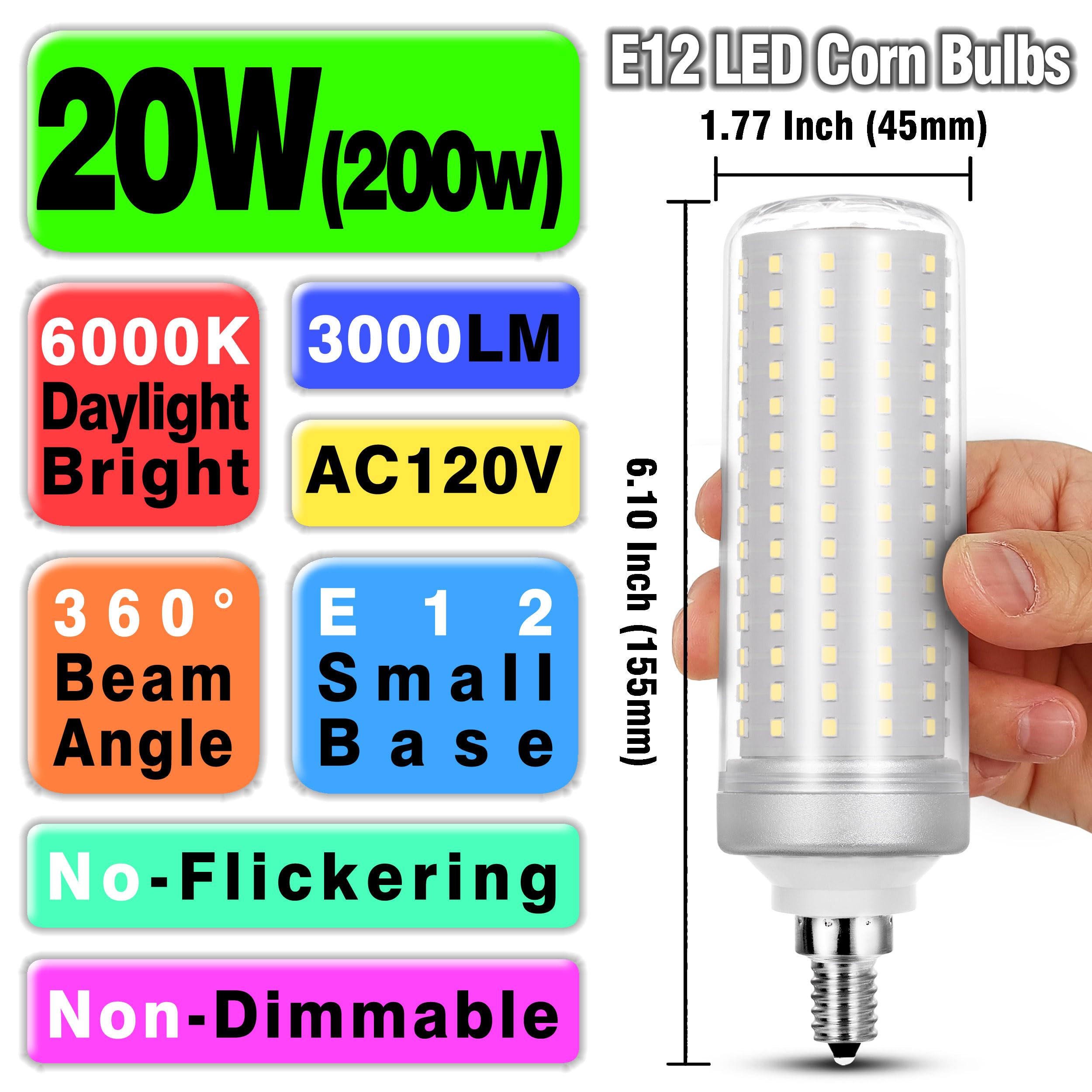 Big 1.77x 6.1 inch, E12 200w Equivalent LED Candelabra Bulbs C7,6000K Daylight Bright White,3000 lm T6 E12 20W LED Chandelier Light Bulbs for Ceiling Pendant Lighting Floor Lamp,Non-dimmable,3 Pack