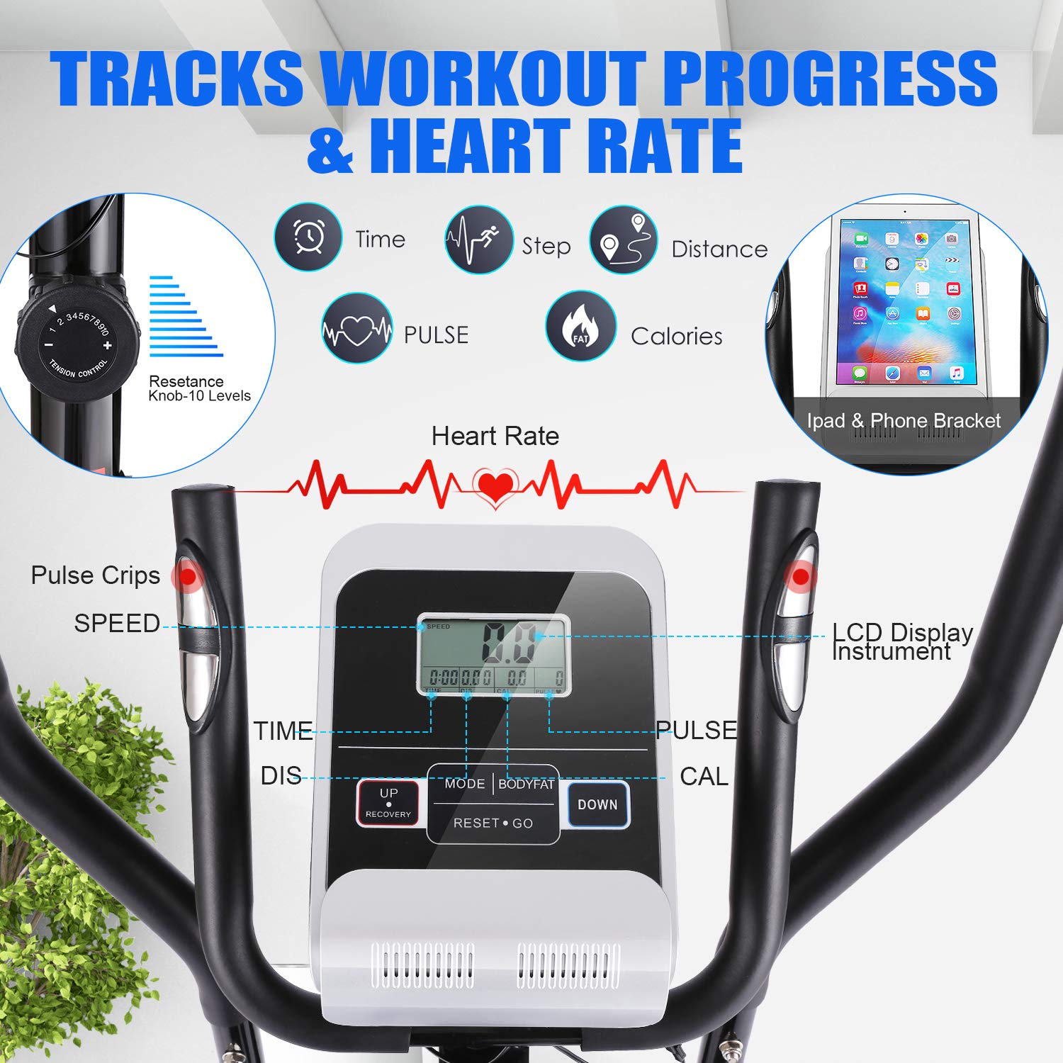 ANCHEER APP Elliptical Machine, Elliptical Trainer with 8 Level of Magnetic Resistence, Multi-Function LCD Monitor, Heart Rate Sensor, & 330 lbs Weight Capacity for Home Cardio Use
