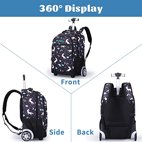 Tanou Rolling Backpack for Kids Adults, 18" Waterproof Backpack with Wheels for Girls Boys, Roller Bookbags for School Travel, Age 7+, Black Horse