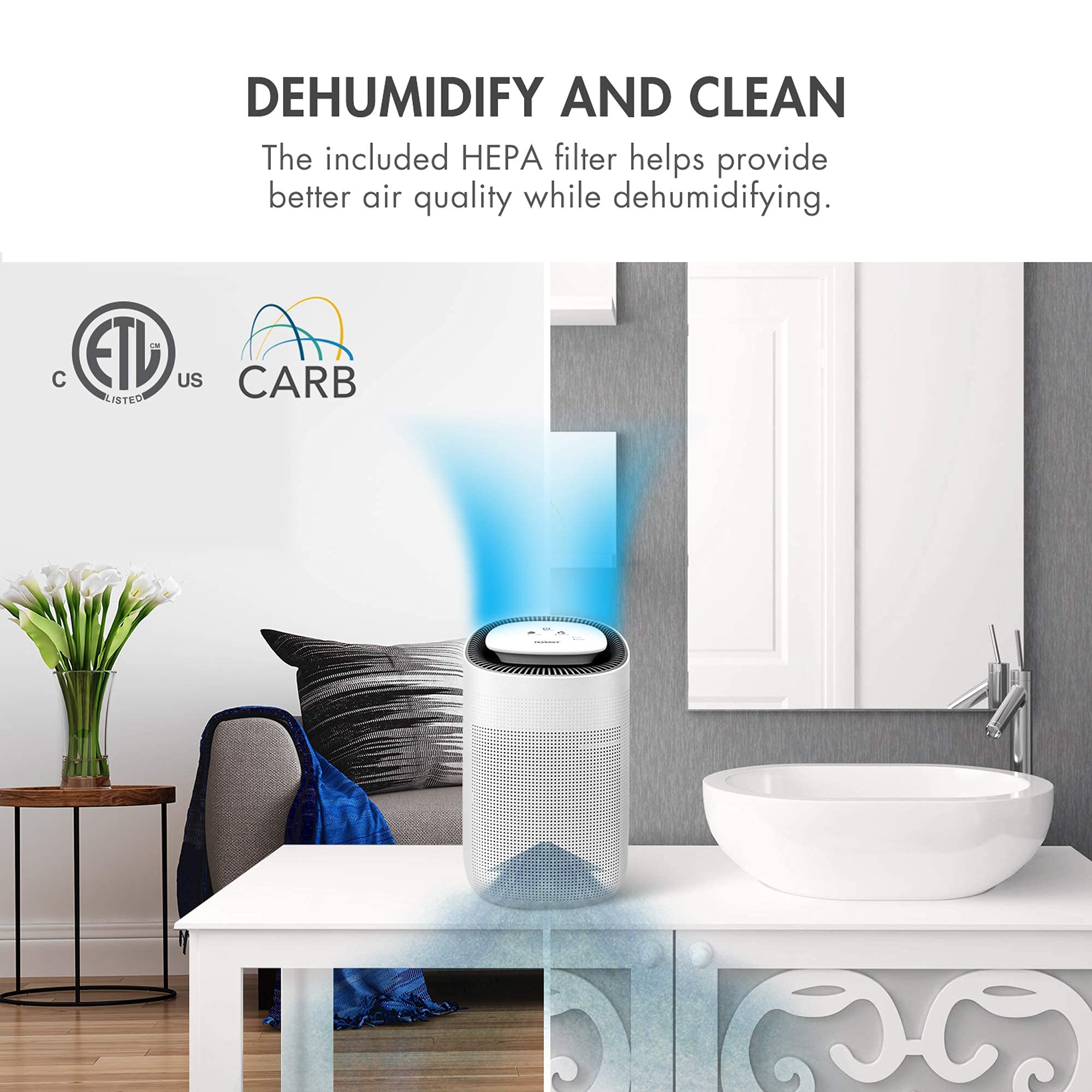 Tenergy Sorbi Dehumidifier w/Air Purifying Function and 3-Pack Replacement H13 Medical Grade Hepa Filter, Ultra-Quiet, Adjustable Air Speeds, and Touch Control