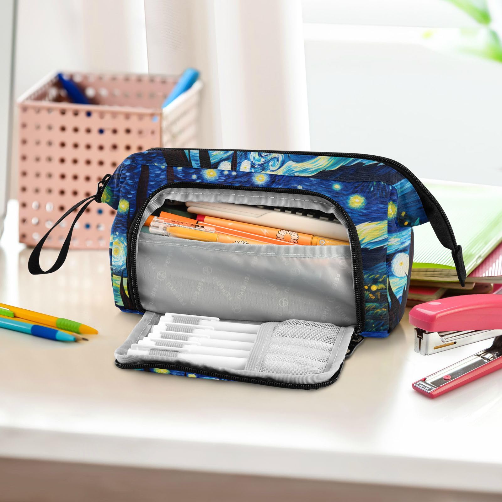 Big Capacity Pencil Case, Van Gogh Starry Sky Pen Bag Pouch Holder Stationery Bag School College Office Organizer for Teen Adults Student