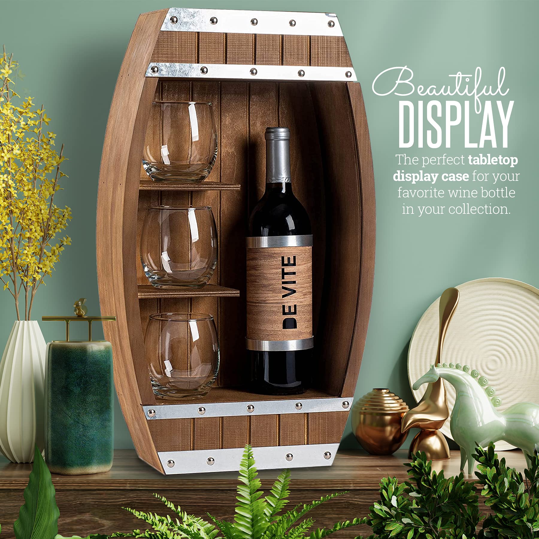 Wooden Wine Barrel Display - Pinewood Display Case with Sliding Cover Ideal for Wine Whiskey Scotch & More - 3 Built-In Shelves for Stemless Wine or Rocks Glasses, A Gift for Wedding or Any Occasion