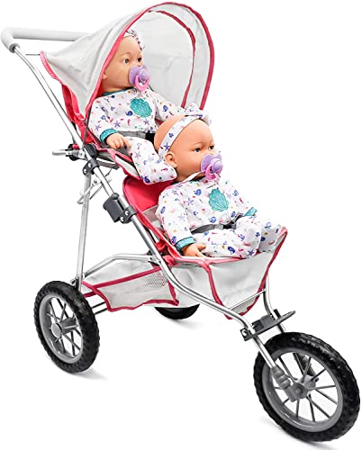 KOOKAMUNGA KIDS Baby Doll Stroller Deluxe Double | Foldable Twin Jog Pram | Retractable Canopy | Premium Pink & Gray Fabric | Soft Grip Handle | Storage Basket Underneath