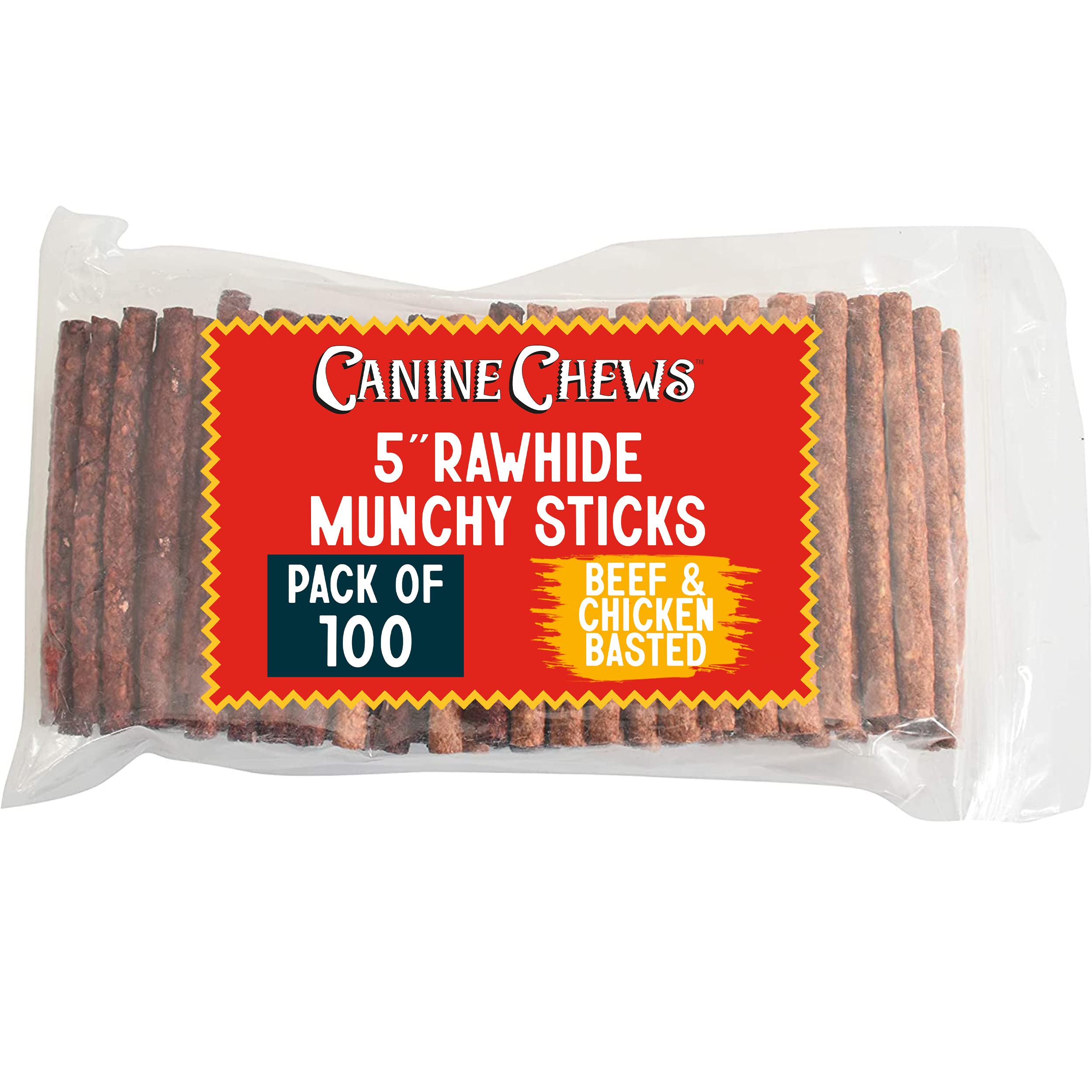 Canine Chews 5" Munchy Rawhide Sticks for Small Dogs Munchy Dog Treat Sticks 100 Pack (Beef & Chicken)