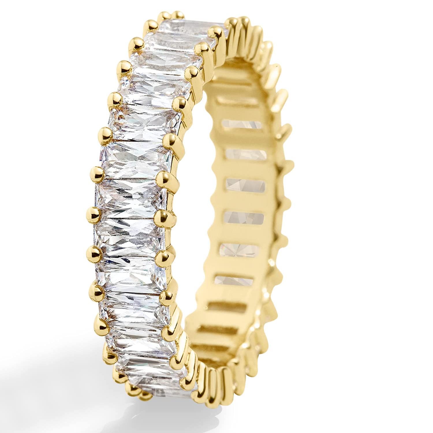 Aojun 14K Gold Plated Eternity Ring Wedding Band Princess Cut Stackable Statement Rings Gold Rings for Women (Baguette 14K Gold, 7)