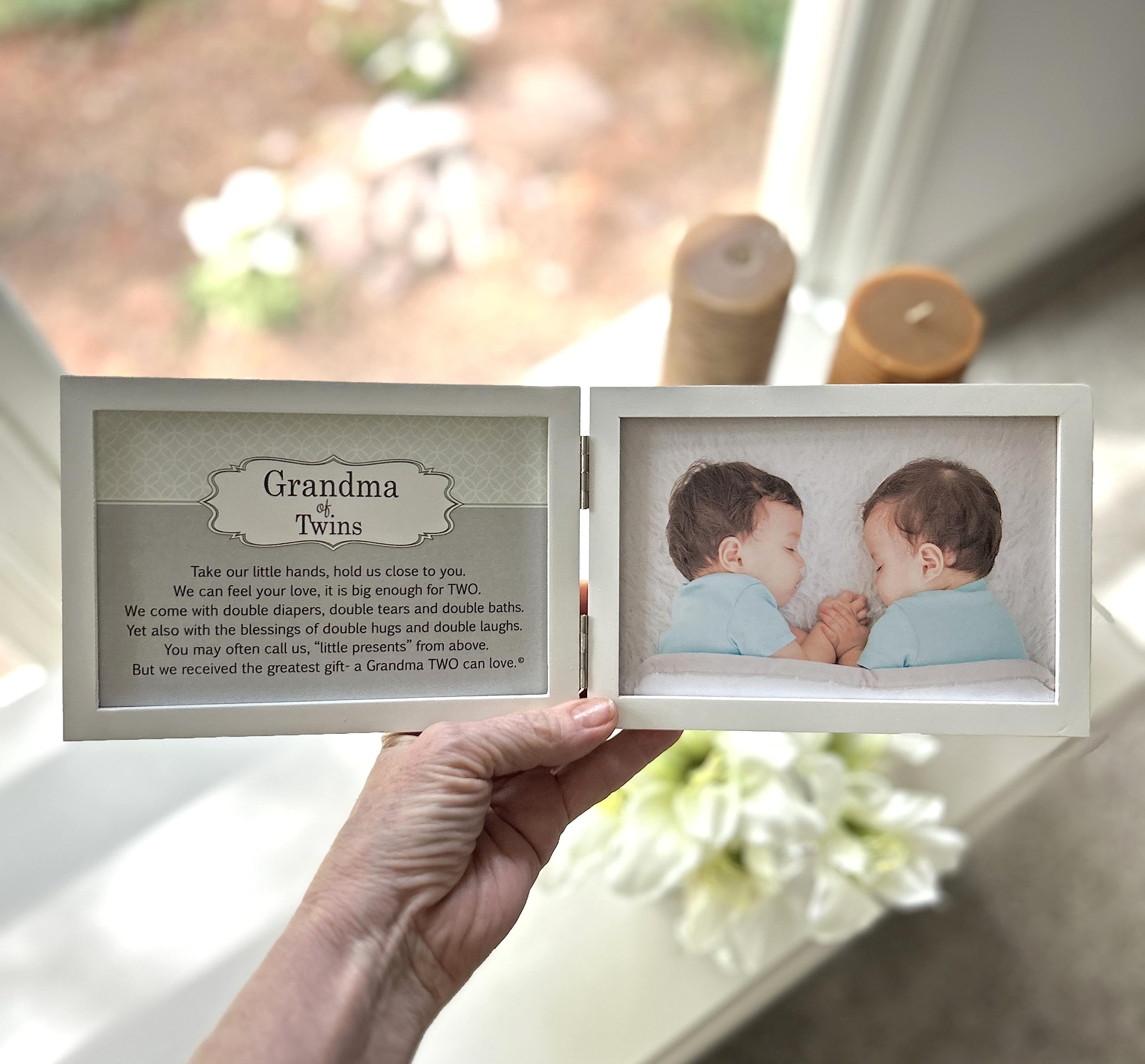 The Grandparent Gift Co. Grandma of Twins Poem White Double Hinged 4 x 6 Photo Frame with Ribbon
