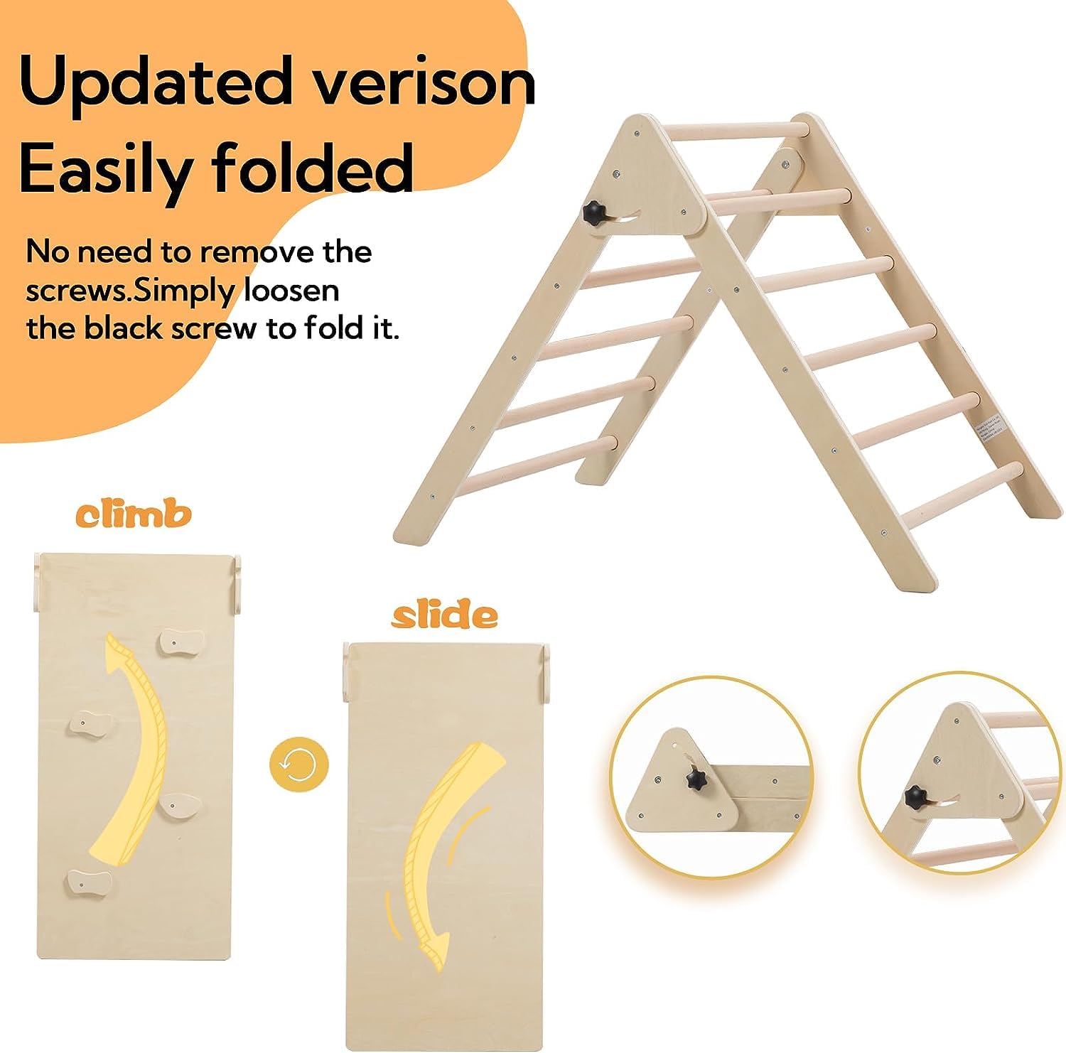 Giant bean Foldable Wooden Climbing Triangle with Sliding Ramp, 3 in 1 Pikler Triangle Climbing Toys for Toddlers, Kids Indoor Climbers & Gym Play Structures for Boys Girls