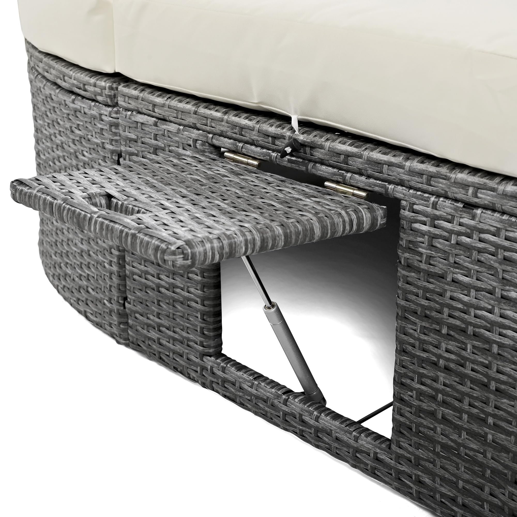Bellemave Outdoor Sun Bed Patio 2-Person Daybed with Cushions and Pillows, Rattan Garden Reclining Chaise Lounge with Adjustable Backrests and Foldable Cup Trays for Lawn,Poolside(Beige)