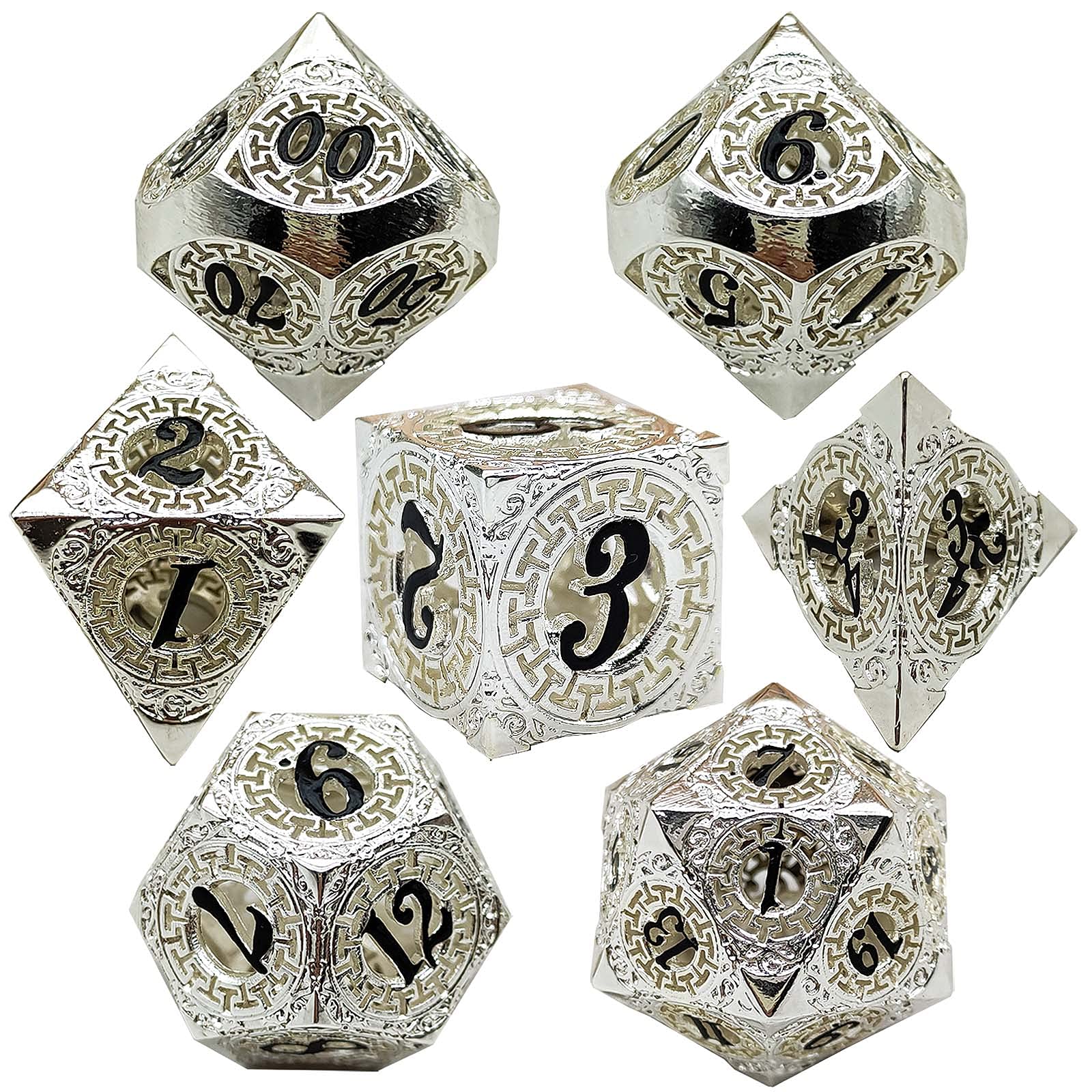Metal Dice Set 7pcs DND - Table Game RPG Hollow Dice Silver and Black, with Metal Gift Box, Suitable for Dungeon and Dragon D&D MTG, Math Teaching, Polyhedron D4 D6 D8 D10 D10οΌ
D20