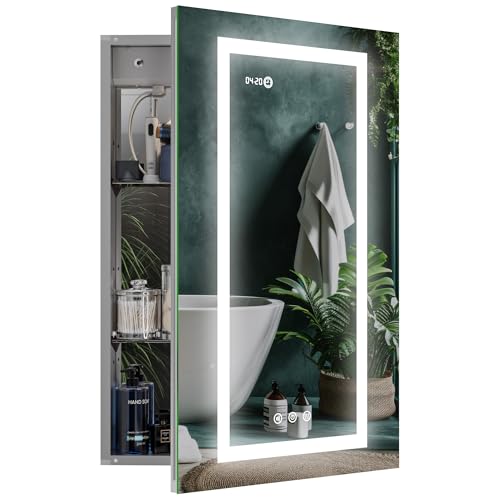 KRISTALLUM LED Lighted Medicine Cabinet Front & Backlit Dimmable Colours, Clock & Temp, USB Outlets