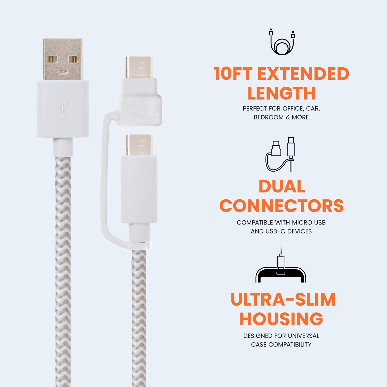 ReTrack Helix Braided Nylon USB-A to USB-C Charge & Sync Cable, Micro USB, Black, 5 ft (ETHACM10WT)