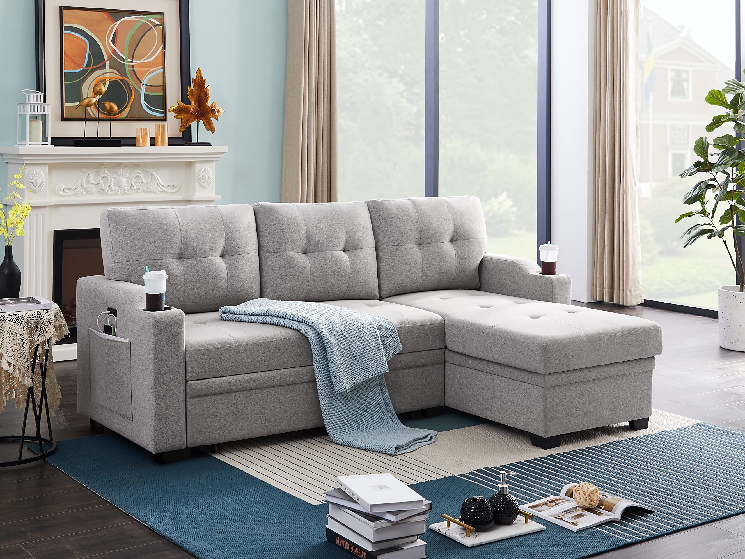 Lilola Home Mabel Light Gray Linen Fabric Sleeper Sectional with cupholder, USB Charging Port and Pocket