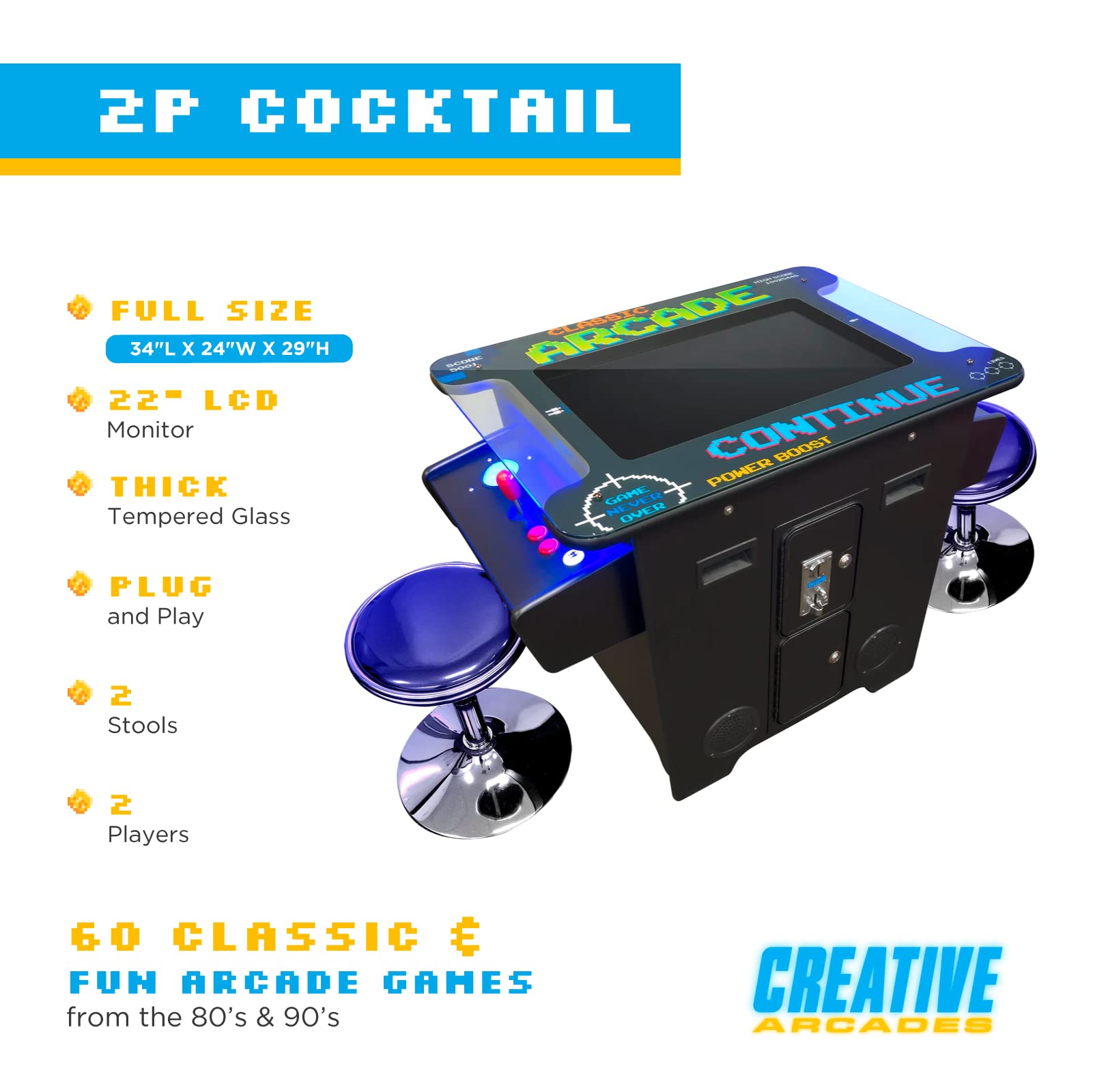 Creative Arcades Full Size Commercial Grade Cocktail Arcade Machine | 2 Player | 60 Games | 22" LCD Screen | Square Glass Top | 2 Sanwa Joysticks | 2 Stools | 3 Year Warranty