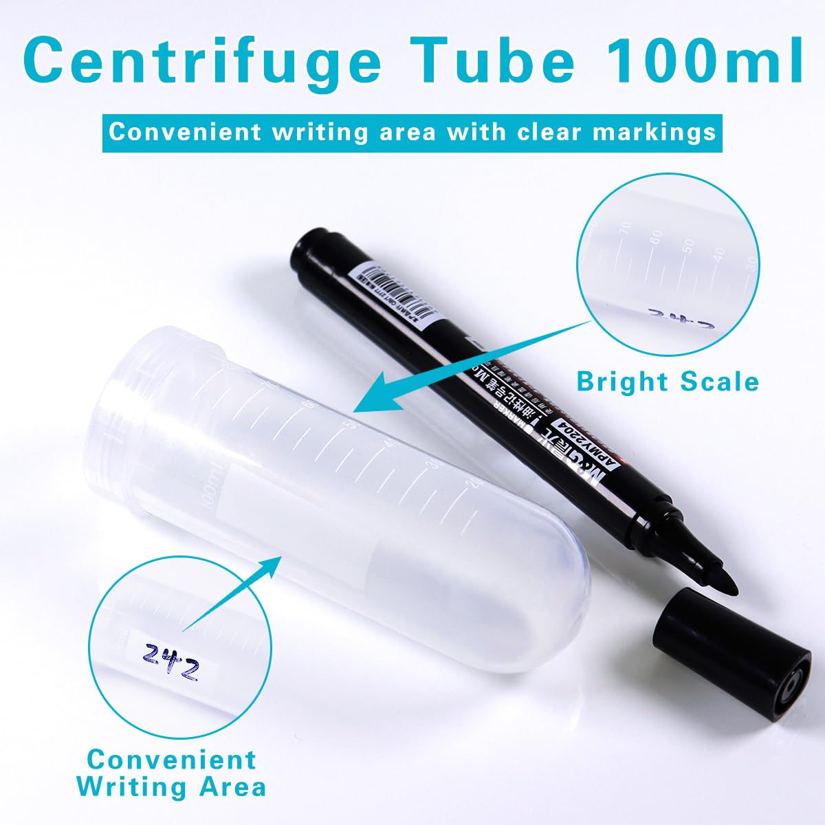 BIPEE Centrifuge Tubes100 ml Higher Quality Conical Test Tubes, Round-Bottomed centrifuge Tube, Test Tubes with caps, Plastic Container with Graduated and Write Marks (30pcs, 100ml)