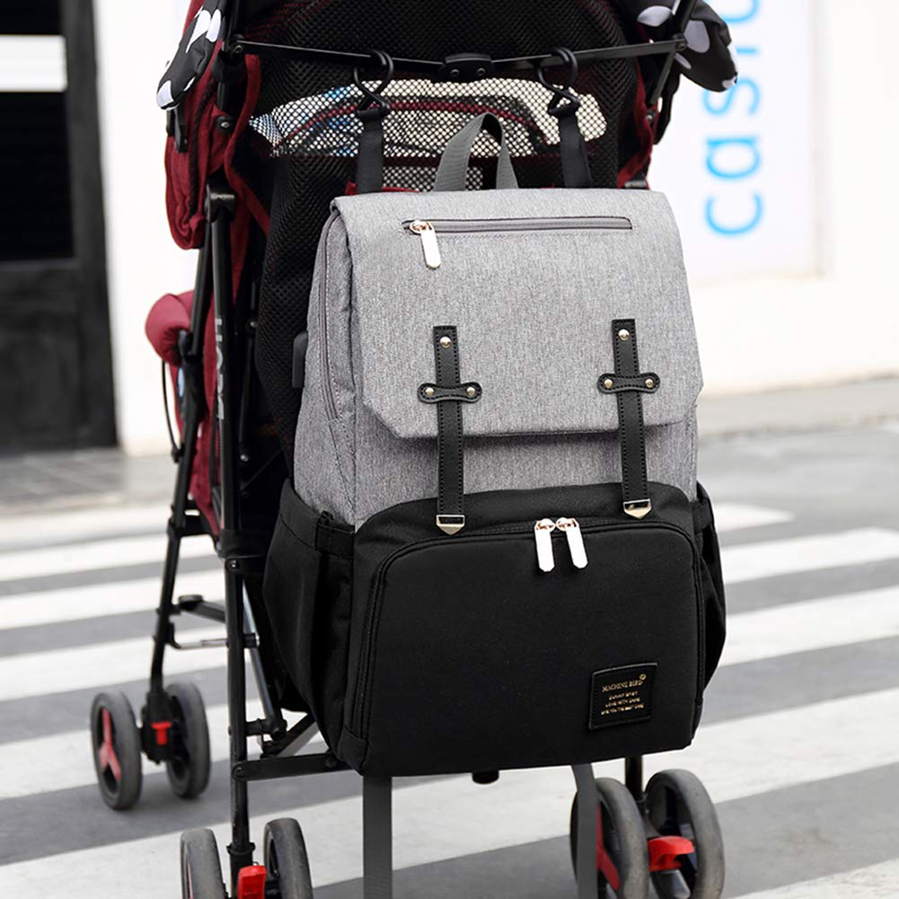 Mummy Diaper Bag Backpack Multi-Function Waterproof Travel Nappy Bags for Baby Care, Large Capacity, Stylish and Durable, USB Charging Port for Bottle Warmer, Black-Grey