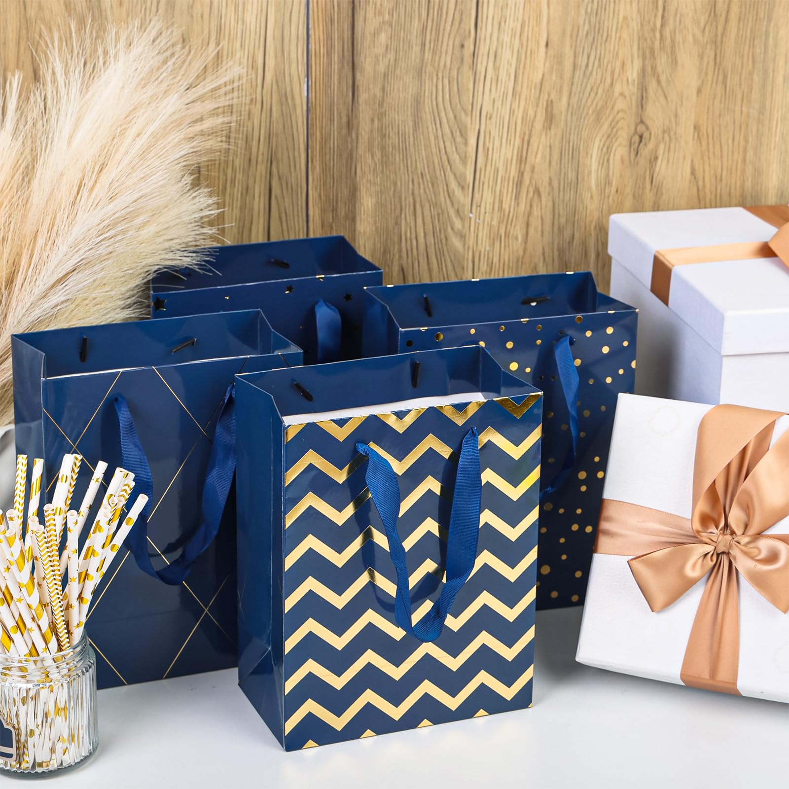 Moretoes 4 Pack Gift Bags Medium Size with Tissue Paper, Blue Gift Bags Assorted Premium for Birthday, Graduations, Wedding, Thanksgiving, Holiday, Father's Day (7" X 4" X 9")