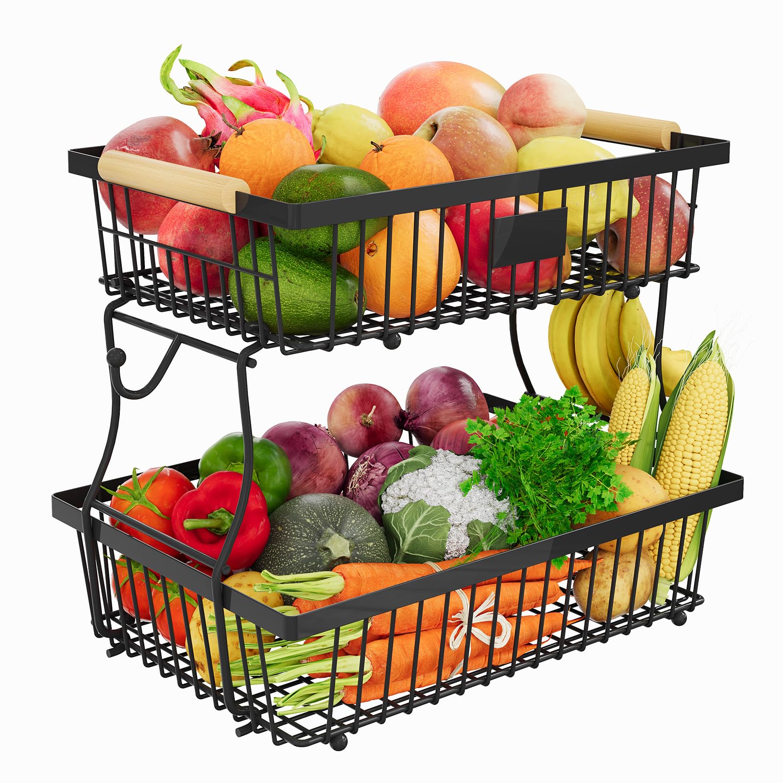 Astrorhine 2 Tier Fruit Basket for Kitchen with 2 Banana Hangers, Detachable Metal Wire Fruit Bowl for Kitchen Counter, Large Capacity Fruit Vegetables Storage Stand Holder for Snack Fruit Veggies