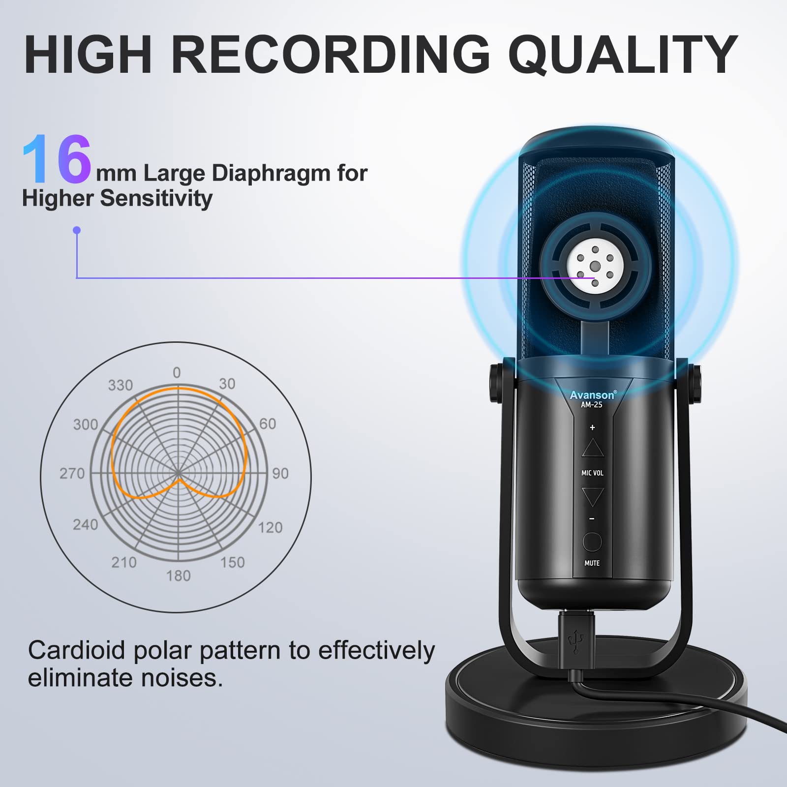 Avanson USB Condenser Microphone, Metal Build Desktop PC Recording Mic with Weighted Stand for Voice Overs Home Recording Podcasts Online Class Zoom YouTube Twitch Streaming, AM-25A
