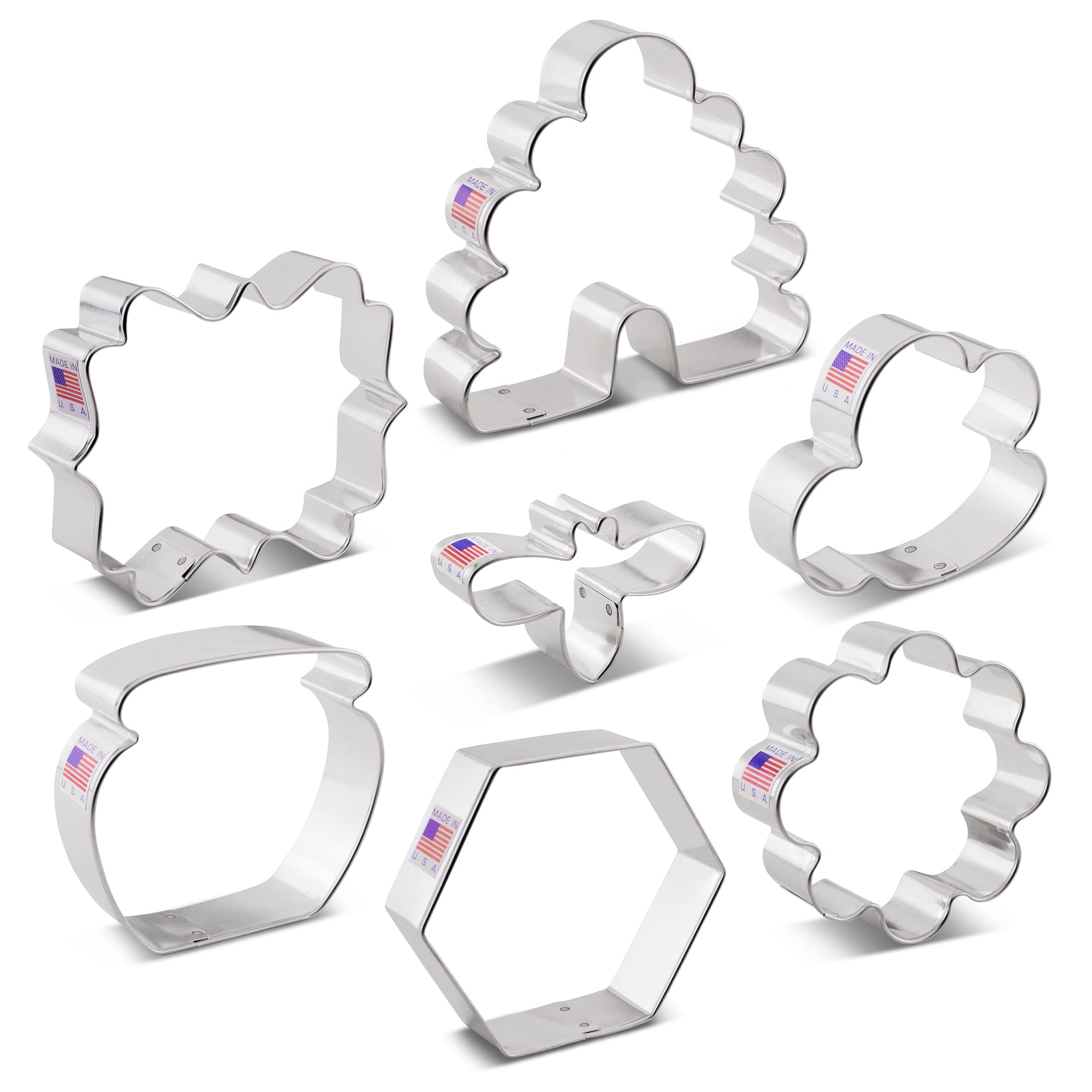 Bee Cookie Cutters 7-Pc. Set Made in the USA by Ann Clark, Cute Bee, Small Flower, Honey Pot, Beehive, Honeycomb and more