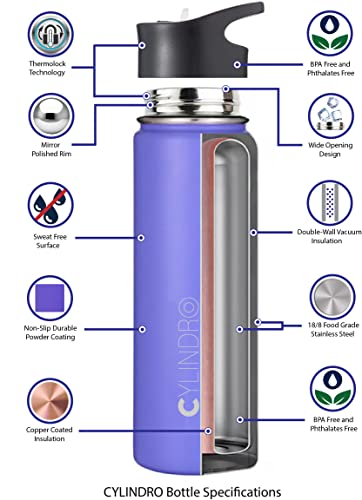 Cylindro Water Bottle, Triple-Layer Stainless Steel - 3 Lids, Vacuum Double Walled Copper Lined, BPA Free, w/ Silicone Boot, Hot & Cold - 22 Oz Veri Peri Purple