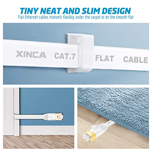 XINCA Cat 7 Flat Ethernet Cable 75ft White, High Speed 10GB Shielded (STP) LAN Internet Network Cable Ethernet Patch Computer Cable with Rj45 Connectors and 40pcs Adhesive Cable Clips