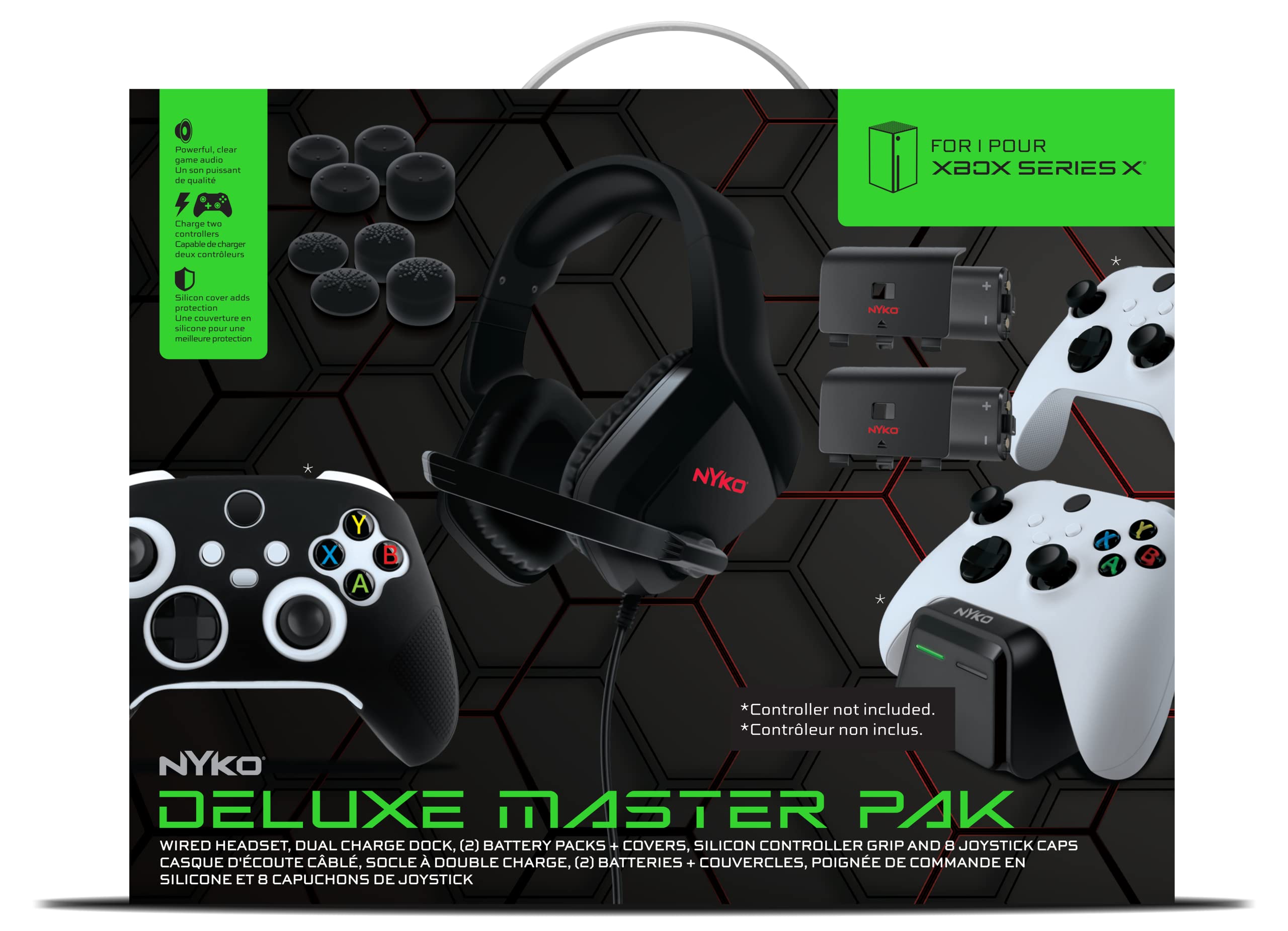 Deluxe Master Pak for Xbox Series X|S | Dual Controller Charge Base | High Quality Wired Headset Designed for Ears | 2 Rechargeable Battery Packs | Silicone Controller Skin and Thumb stick Caps