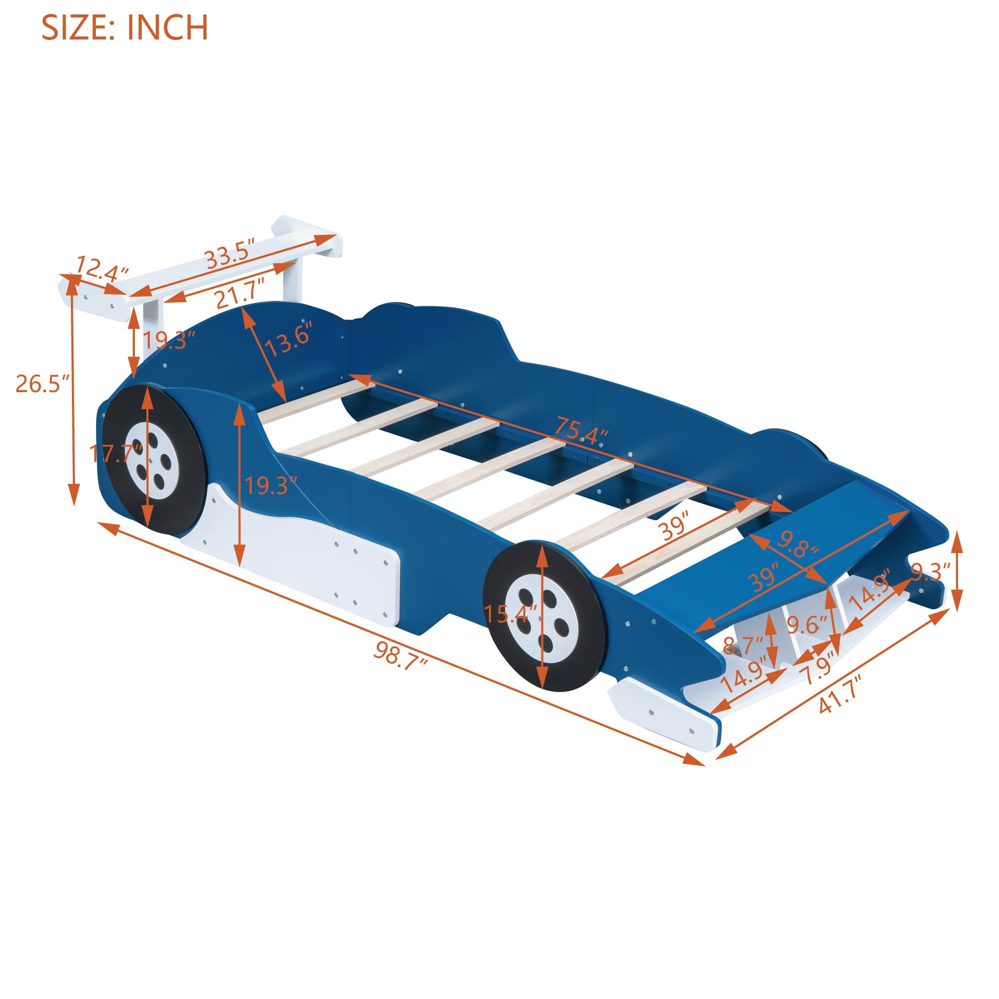 Bellemave Twin Size Race Car Bed for Kids,Wood Car-Shaped Platform Bed with Storage Shelves,Car Bed Twin with Wheels for Boys,Girls,(Twin,Blue)