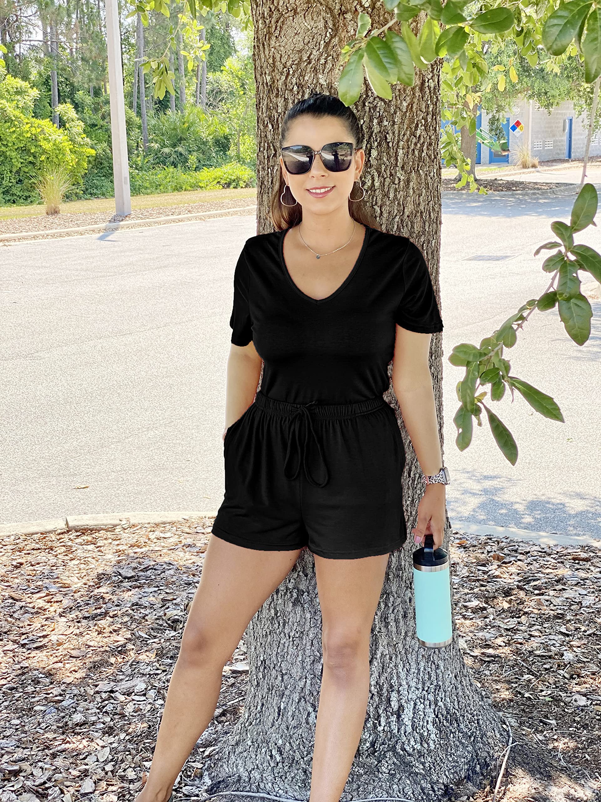 Aloodor Pajama Set for Women 2 Piece Short Sleeve V Neck Pjs Lounge Sets Sleepwear Soft Black L