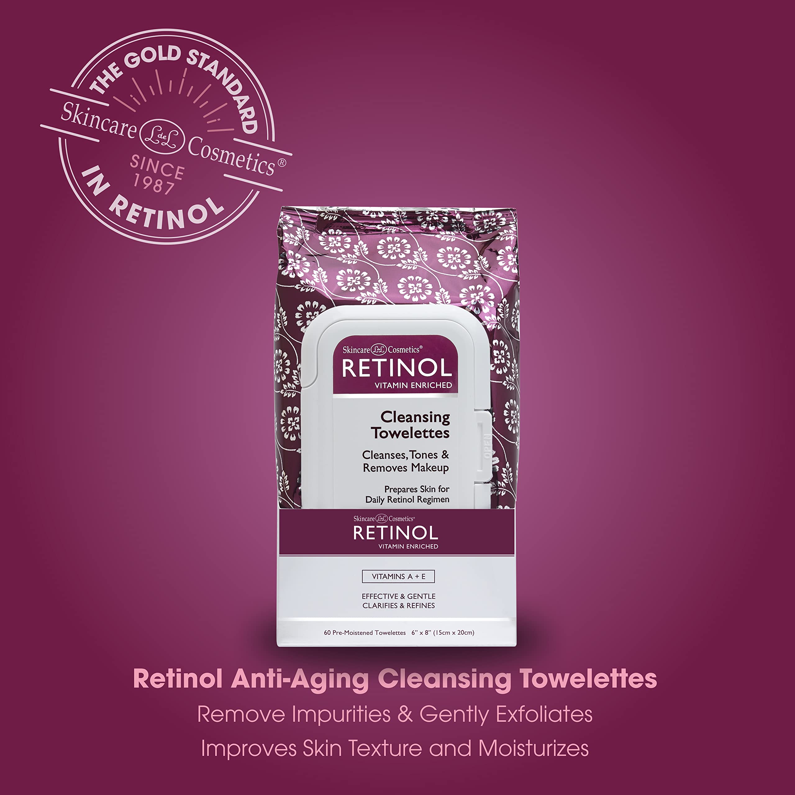 Retinol Anti-Aging Cleansing Towelettes β All-in-One Cleanser, Toner & Makeup Remover in a Convenient Pre-Moistened Wipe β On-The-Go Exfoliating, Toning & Hydrating Leaves Skin Clean, Fresh & Refined