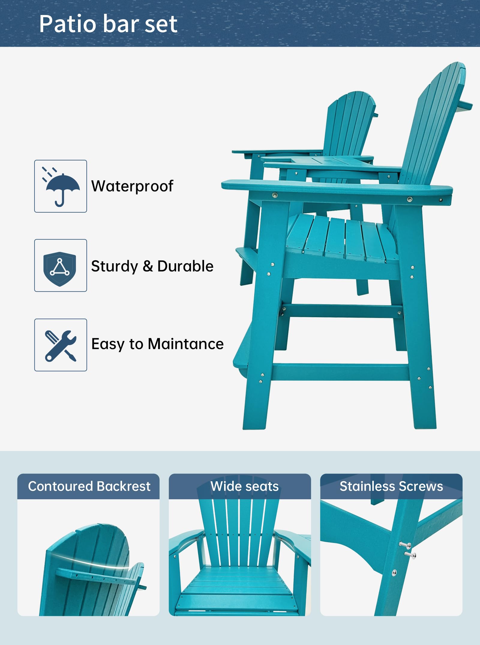 Aoorun 59''H Tall Adirondack Chairs, Balcony Chairs Set bar Height, Outdoor Chairs Set with Table (27.9" W x 51.9" H) - Blue