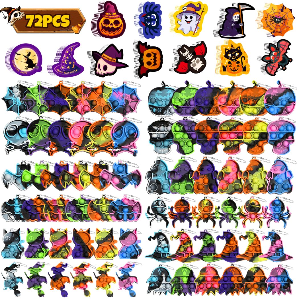 Oroalbb 72 Pcs Halloween Mini Pop Fidget Keychain Bulk, Halloween Party Favors for Kids, Halloween Toys Bulk with 72 DIY Cards, Halloween Prizes , Halloween Classroom Favors, Trick or Treat Toys