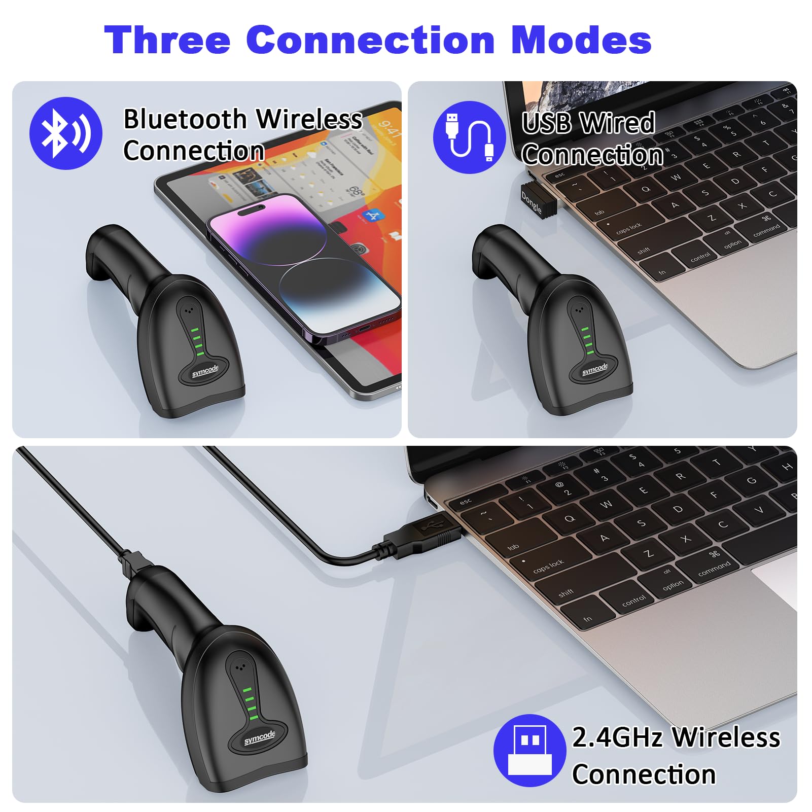 Bluetooth Wireless Barcode Scanner Versatile 3-in-1 (2.4Ghz Bluetooth6.0 Wireless+USB 2.0 Wired) Rechargeable symcode 1D Laser Barcode Reader USB Handheld Bar Code Scanner Wireless Barcode Reader