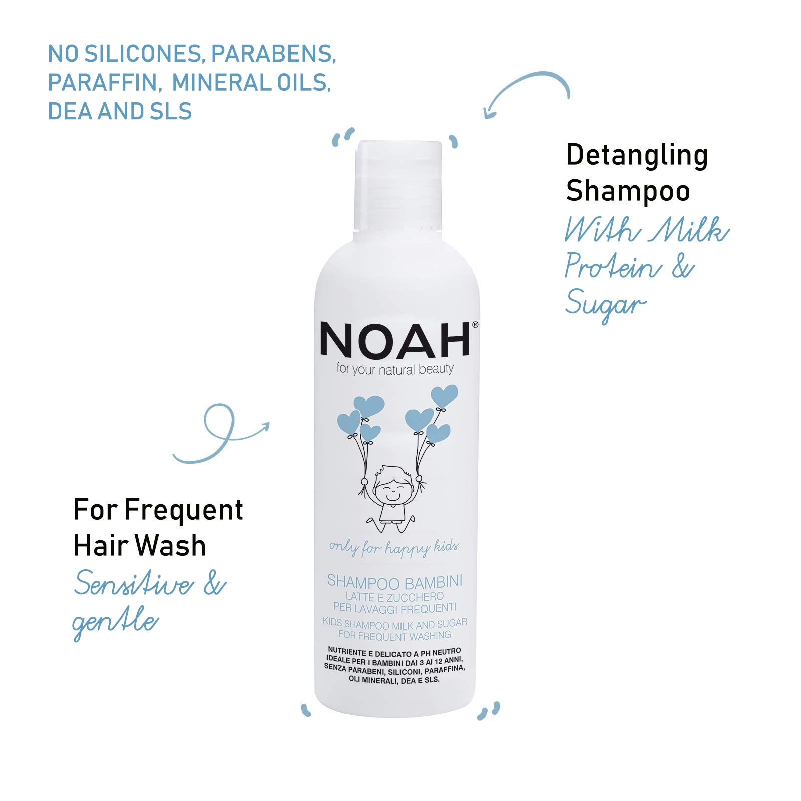 Noah Kids Organic Detangling Shampoo - Milk Protein & Sugar, Gentle & Hydrating, Sulfate-Free, 8.5 oz
