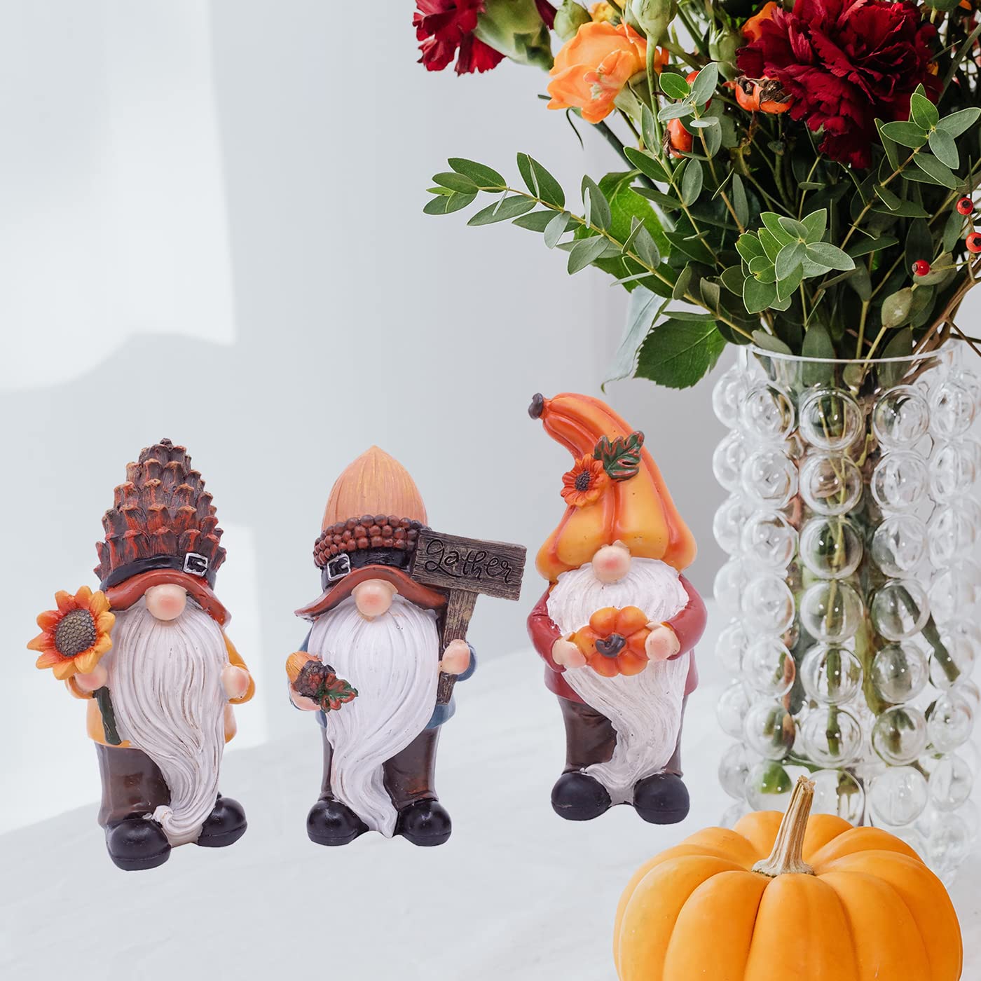 Etistta 3PCS Fall Harvest Gnome Thanksgiving Figurine Decor, 6.5 inch Polyresin Gnomes Sculptures with Pumpkin, Pine Cones, Acorn Hat for Home Tabletop Garden Holiday Decorations