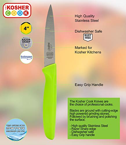 The Kosher Cook Parve Green Kitchen Knife - 4” Steak and Vegetable Knife - Razor Sharp Pointed Tip, Straight Edge - Color Coded Kitchen Tools