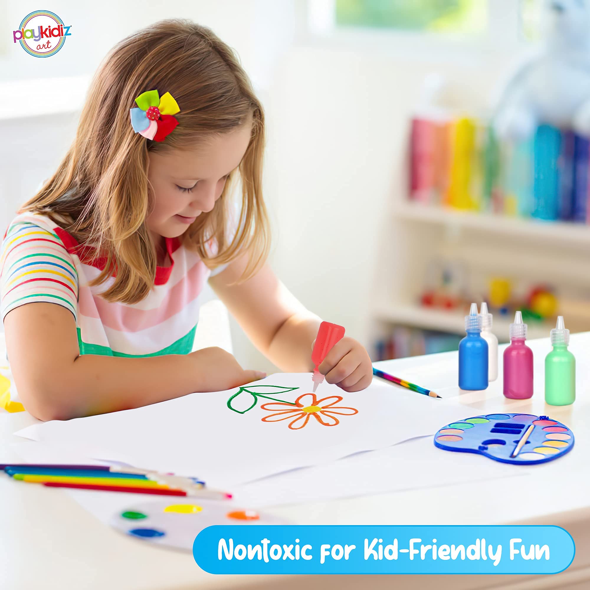 Playkidiz Puff Paint, 6 Pack 3-D Fabric Paint, Metallic Colors, Permanent Non-toxic Paint Set for Kids, Ages 3+