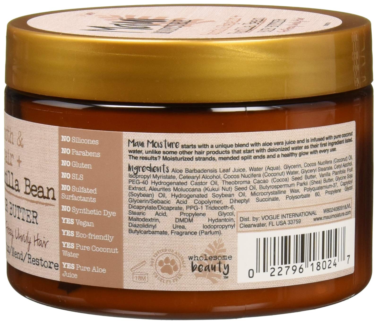 Maui Moisture Smooth & Repair Vanilla Bean Anti-Frizz Hair Butter Treatment, Coconut, 12 Ounce