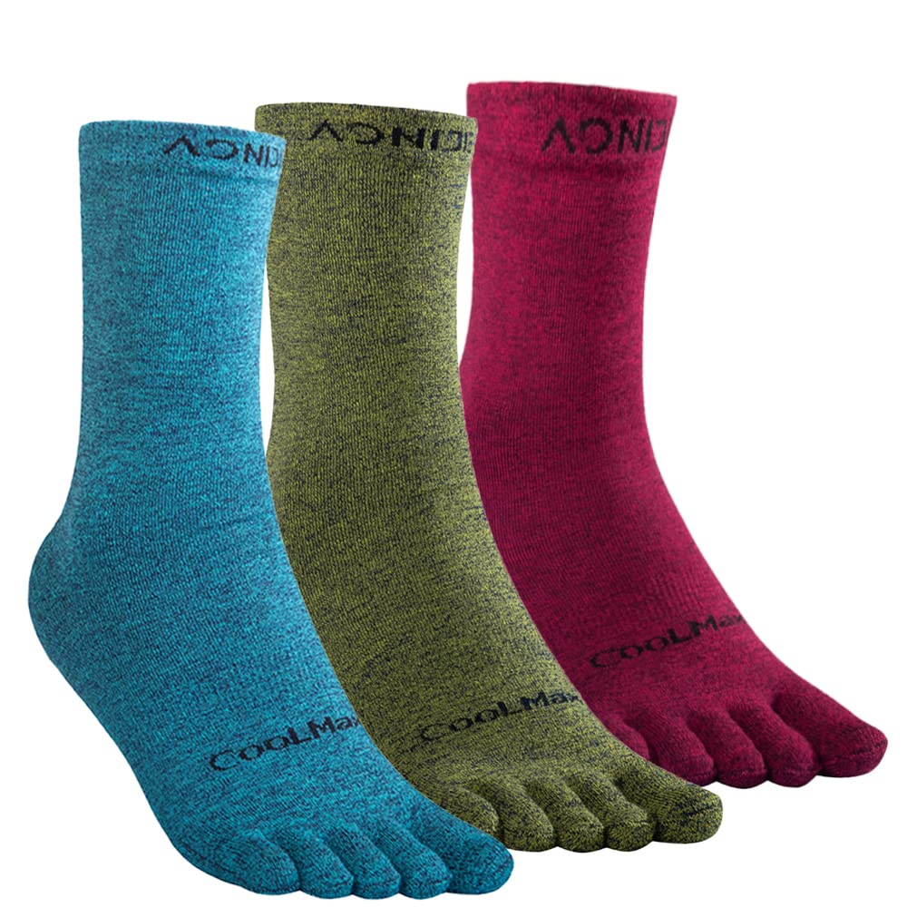 AONIJIE Men Toe Socks Coolmax Running Five Finger Crew Socks Moisture Wicking Socks for Runners (L, E#3 Pairs/Black)