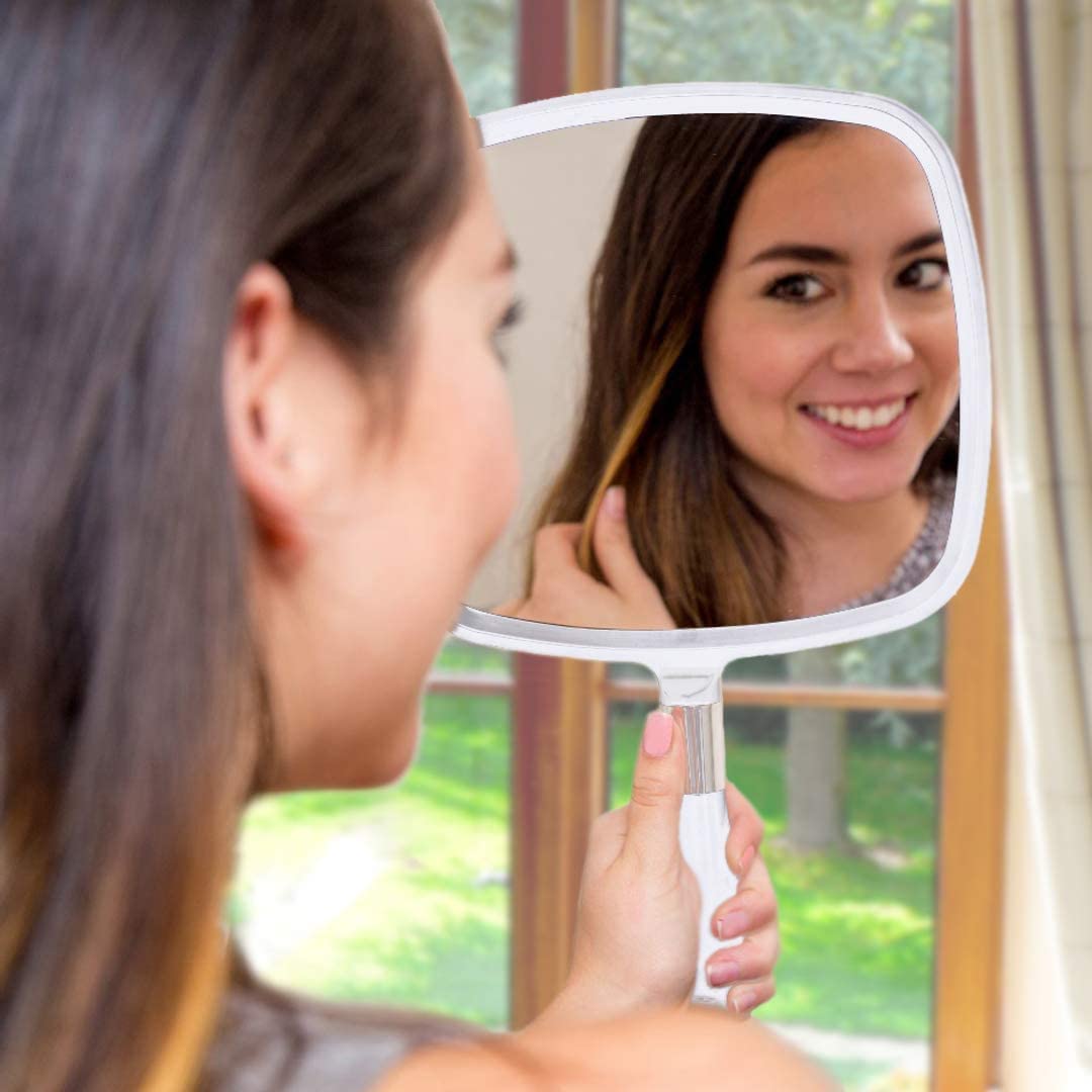 MIRRORVANA® Large Hand Held Mirror with Comfy Handle for Women and Men - Personal Barber Haircut Mirror to See Back of Head - Espejo de Mano - 9" x 13" (White)