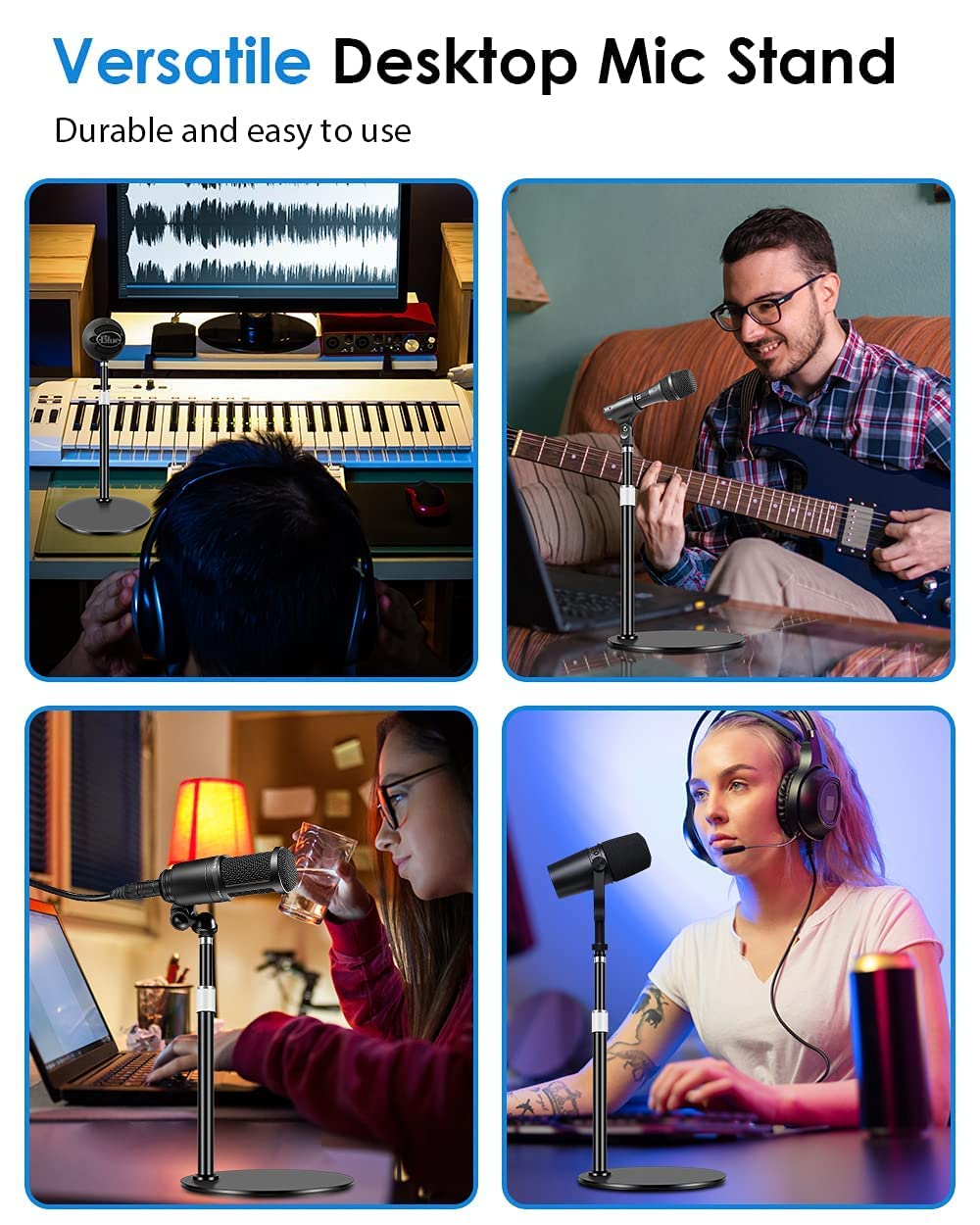 Etour Desk Microphone Stand, Upgraded Adjustable desktop Mic Stand with Mic Clip,5/8" Male Screw for Blue Yeti SM58 SM48 PGA48 AT2020, ATR2100x-USB Samson Q2U Other Microphone
