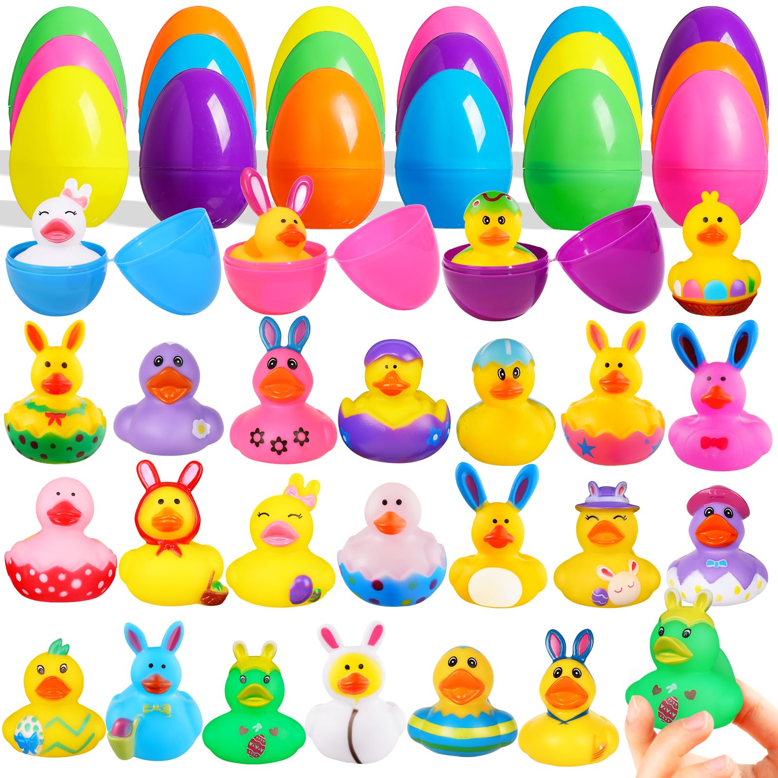 ANGGIKO 24 Pack Easter Rubber Ducks Bulk with Easter Eggs, Easter Party Favors Easter Basket Stuffer Supplies Goodie Bag Fillers, Easter Jeep Ducks Baby Bath Toys for Kids (Easter Ducks)