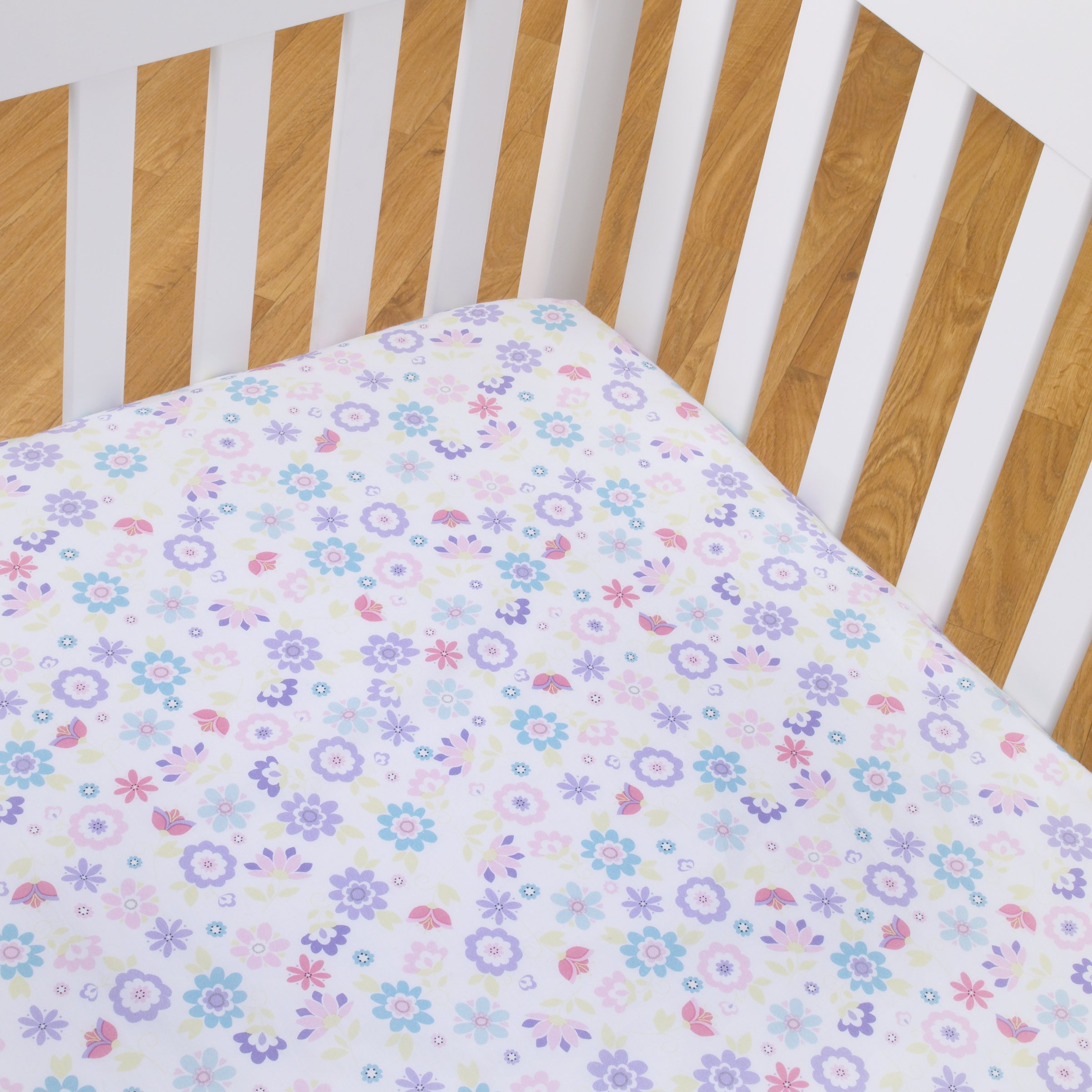 NoJo 100% Cotton Fitted Crib Sheet, Multi Floral, Lavender/Aqua/Pink/Yellow