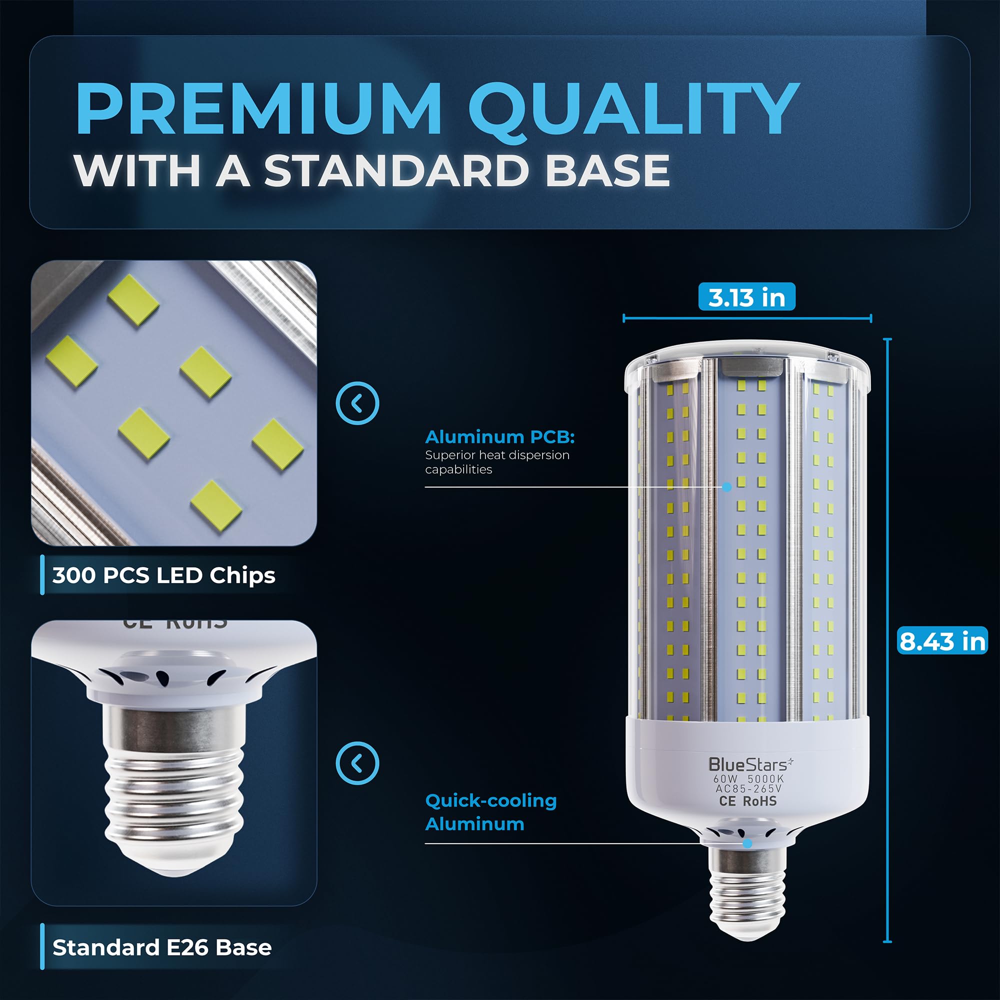 BlueStars Super Bright 60W E26 LED Corn Light Bulbs E26 Medium Base 4200 Lumens (550W Equivalent) Cool White 5000K, for Homes, Outdoors, Commercial, Warehouses, Garage & Backyard Lighting