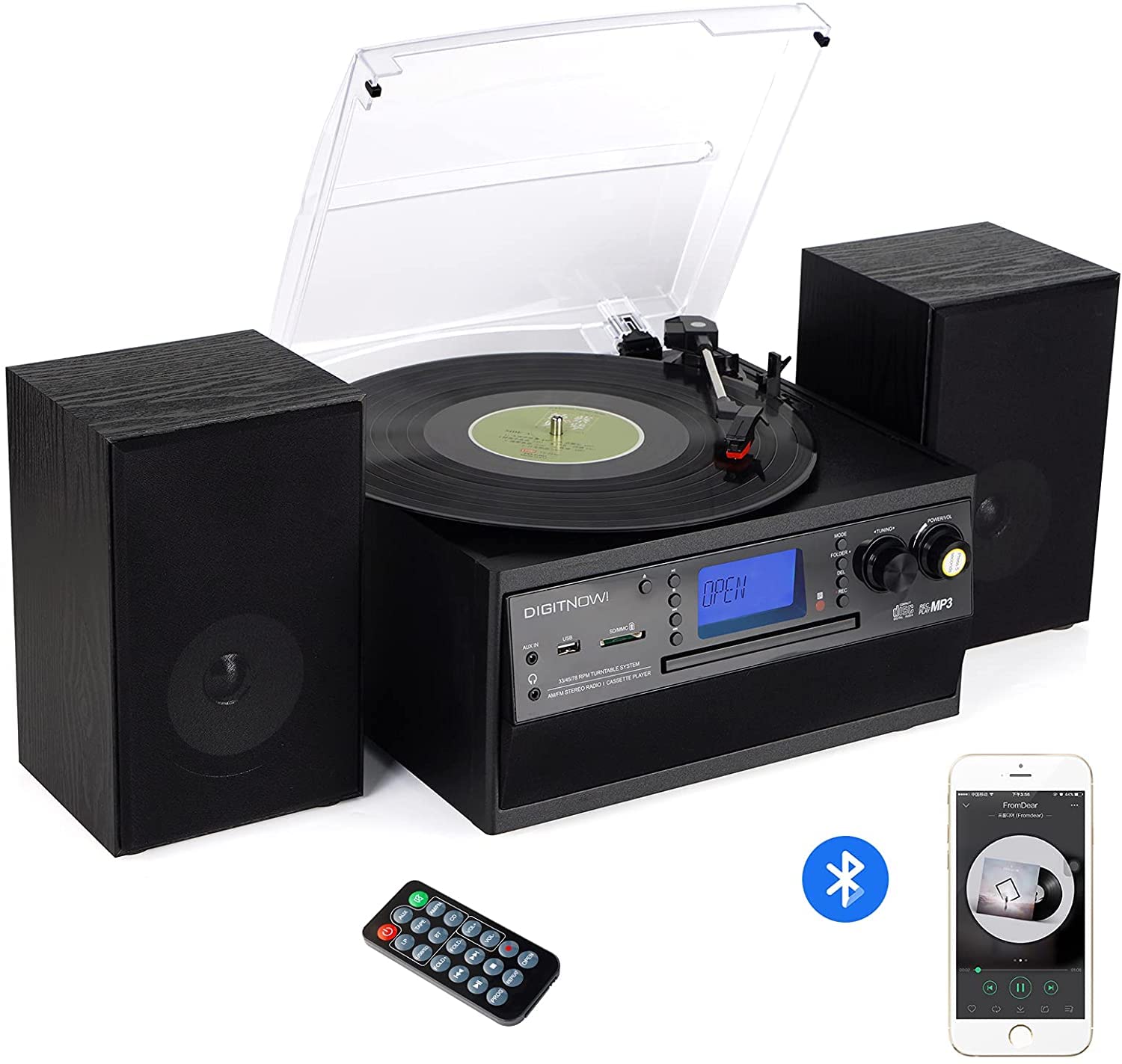 DIGITNOW Bluetooth Record Player Turntable with Stereo Speaker, LP Vinyl to MP3 Converter with CD, Cassette, Radio, Aux in and USB/SD Encoding, Remote Control, Audio Music Player Built in Amplifier